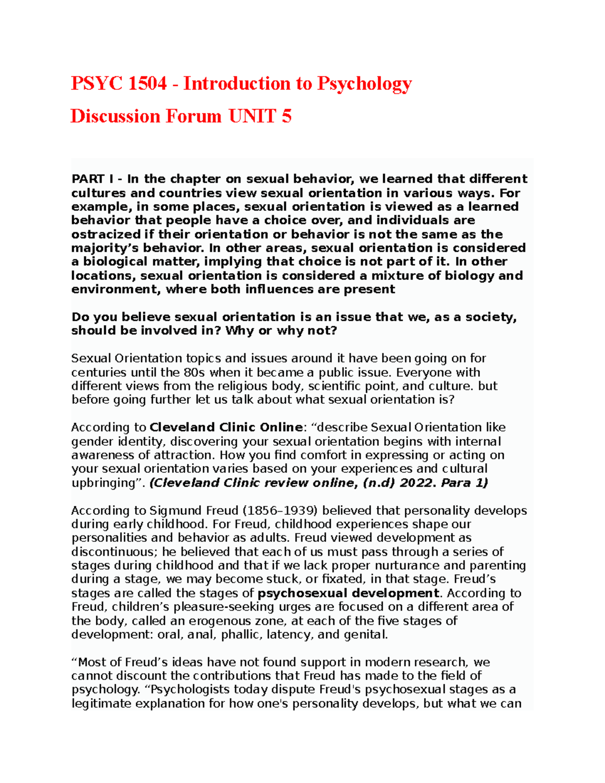 PSYC 1504-Intro to Psychology-Discussion Forum UNIT 5 - PSYC 1504 - Introduction to Psychology ...