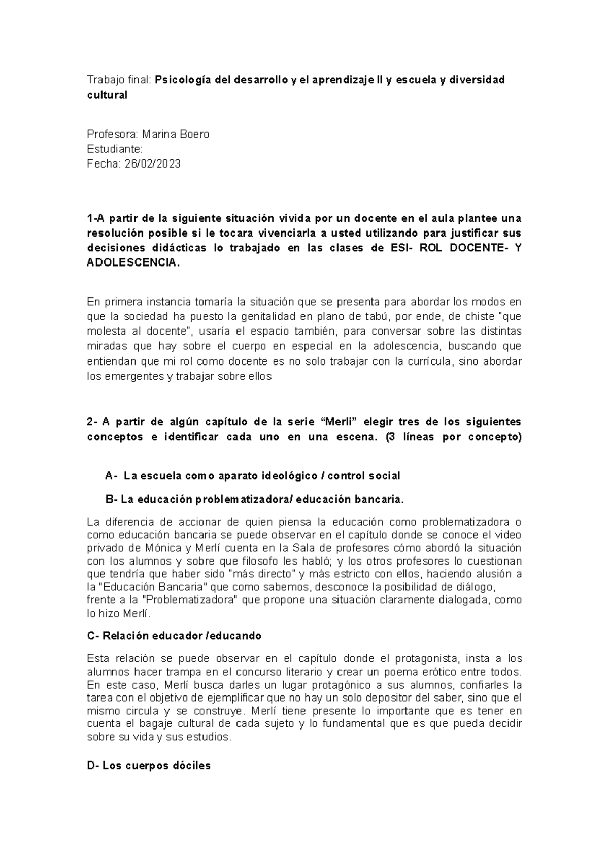 TP Psi del desarrollo 2 - Trabajo final: Psicología del desarrollo y el aprendizaje II y escuela ...