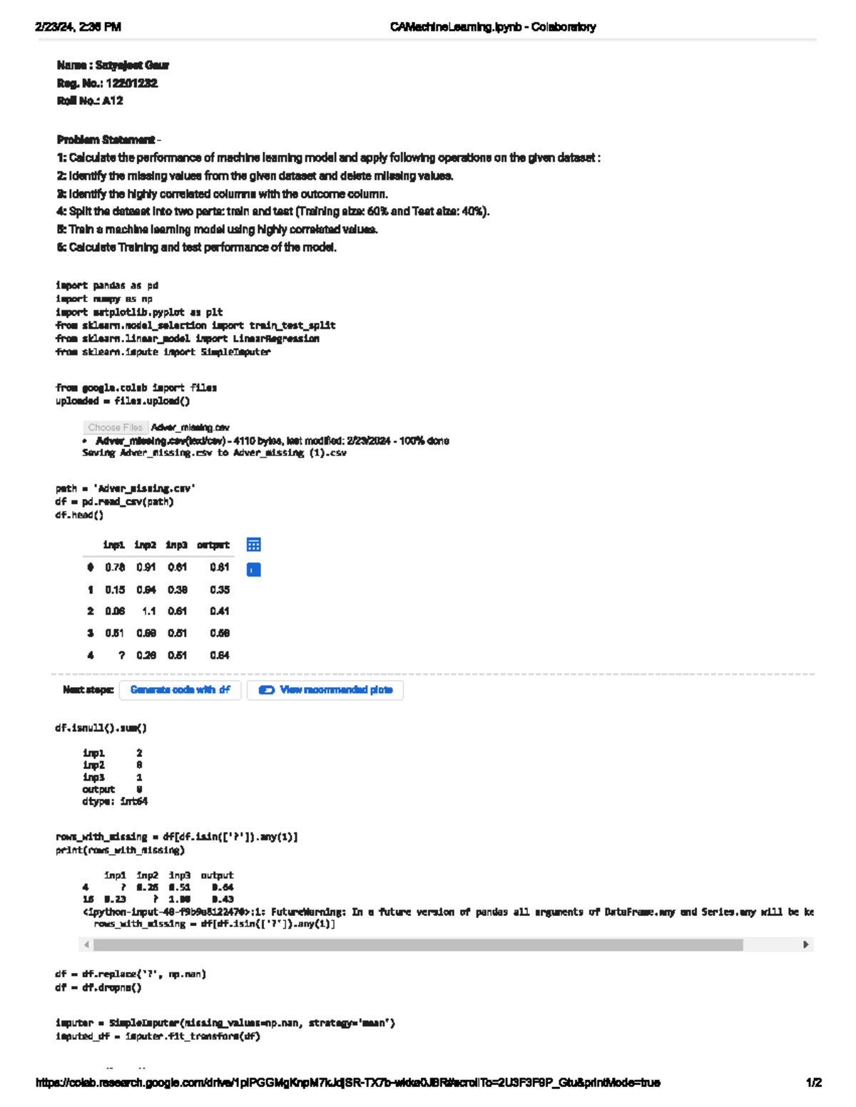 CAMachine Learning - Masters In Computer Applications - Studocu