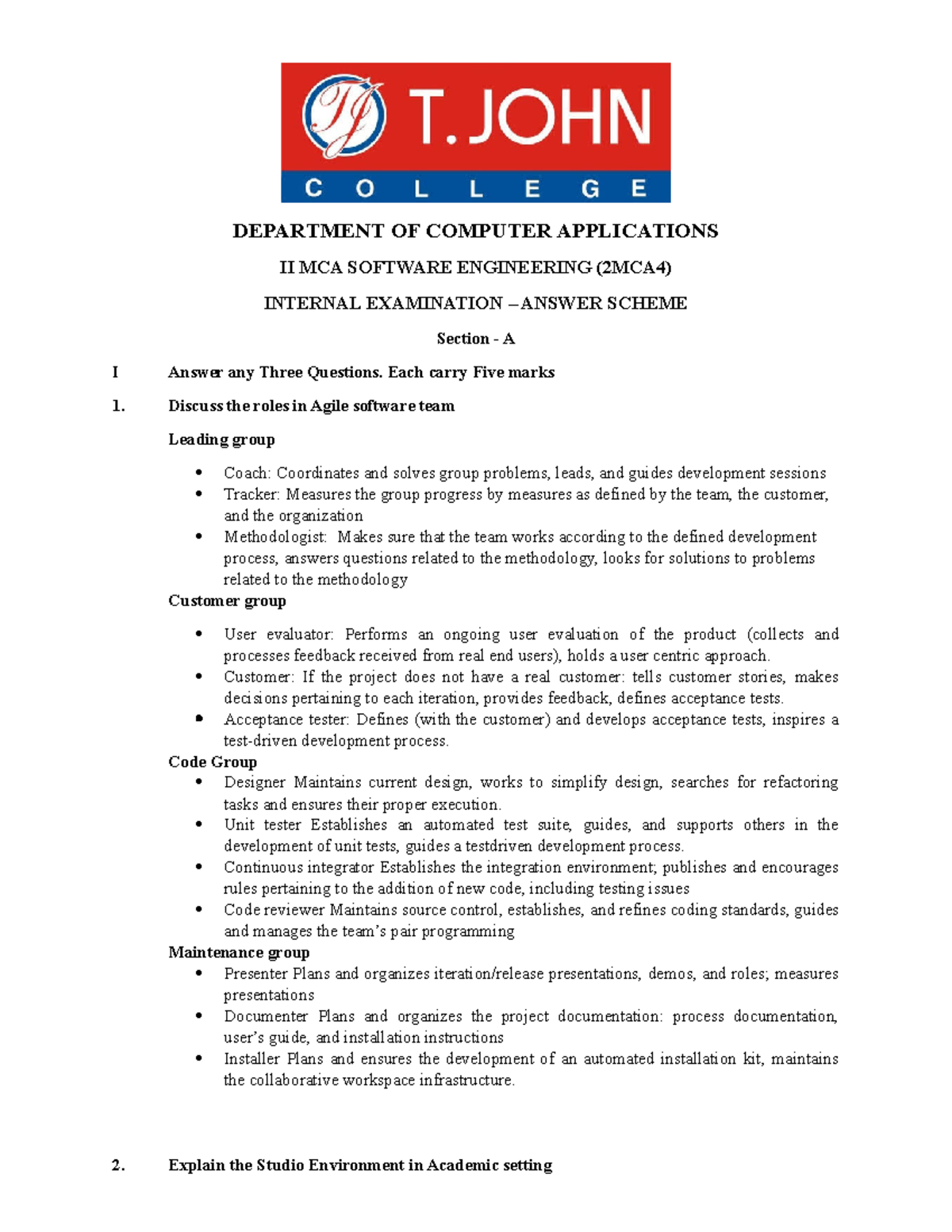 II MCA SE Answer Key - DEPARTMENT OF COMPUTER APPLICATIONS II MCA ...