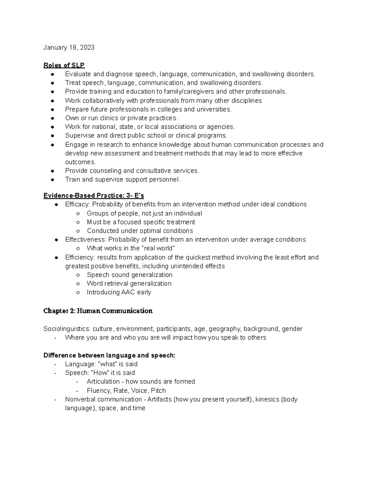 Lecture/Chapter One - January 19, 2023 Roles of SLP Evaluate and ...