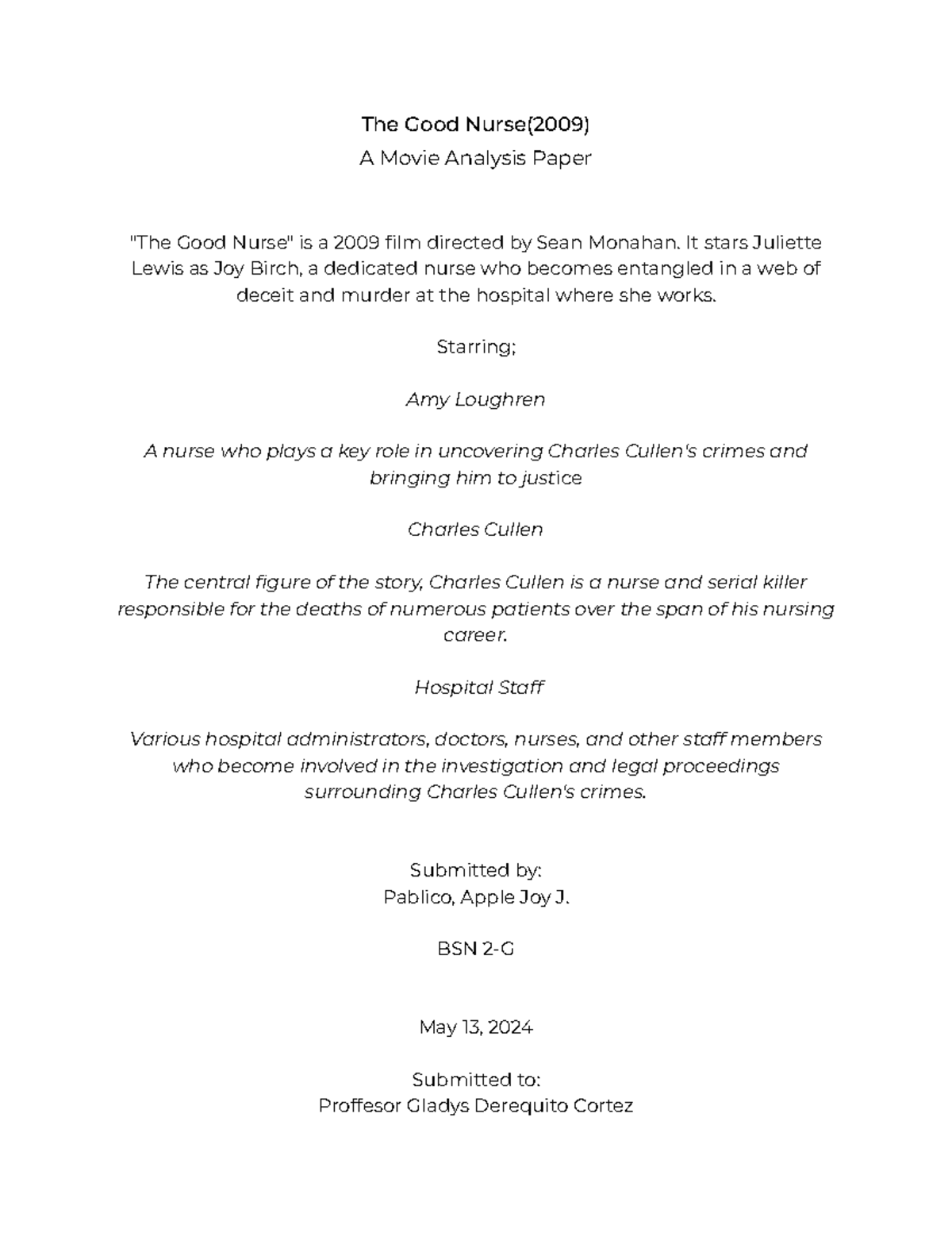 Good Nurse 11OUTLINE - The Good Nurse(2009) A Movie Analysis Paper "The ...