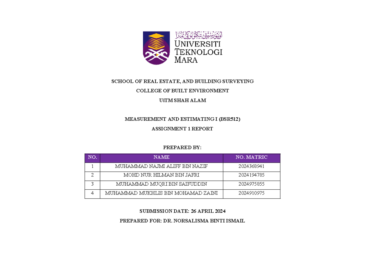 BSR512 Assignment 1 Report - SCHOOL OF REAL ESTATE, AND BUILDING ...