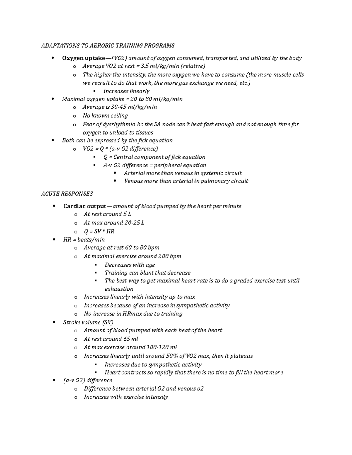 494 Exam 3 Materials - Instructor: Mike Esco - ADAPTATIONS TO AEROBIC ...
