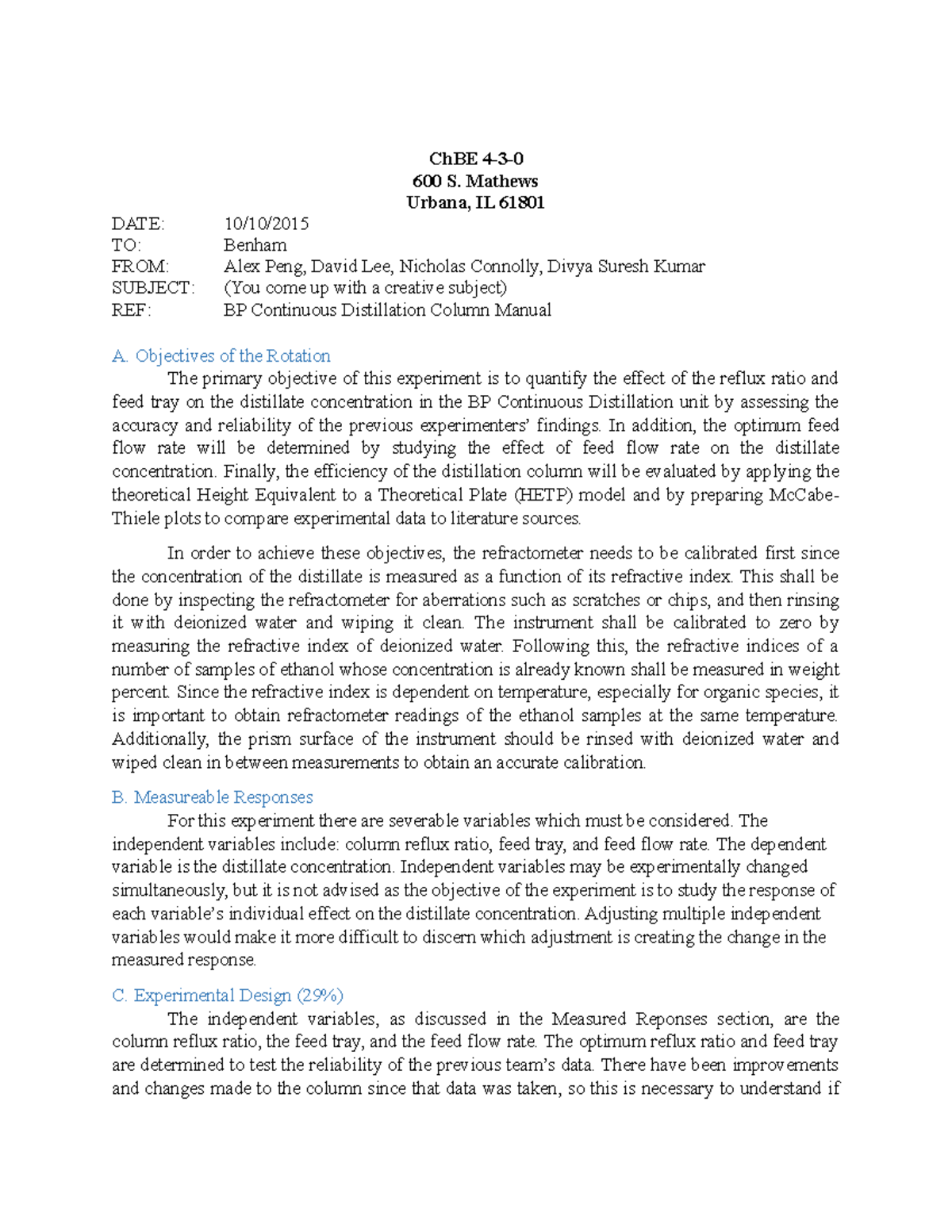 R2 work plan - Example work plan for continuous distillation - ChBE 4-3 ...