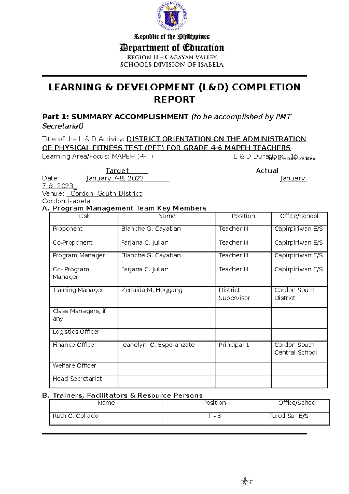 LD- Completion-PFT - Pft - LEARNING & DEVELOPMENT (L&D) COMPLETION ...