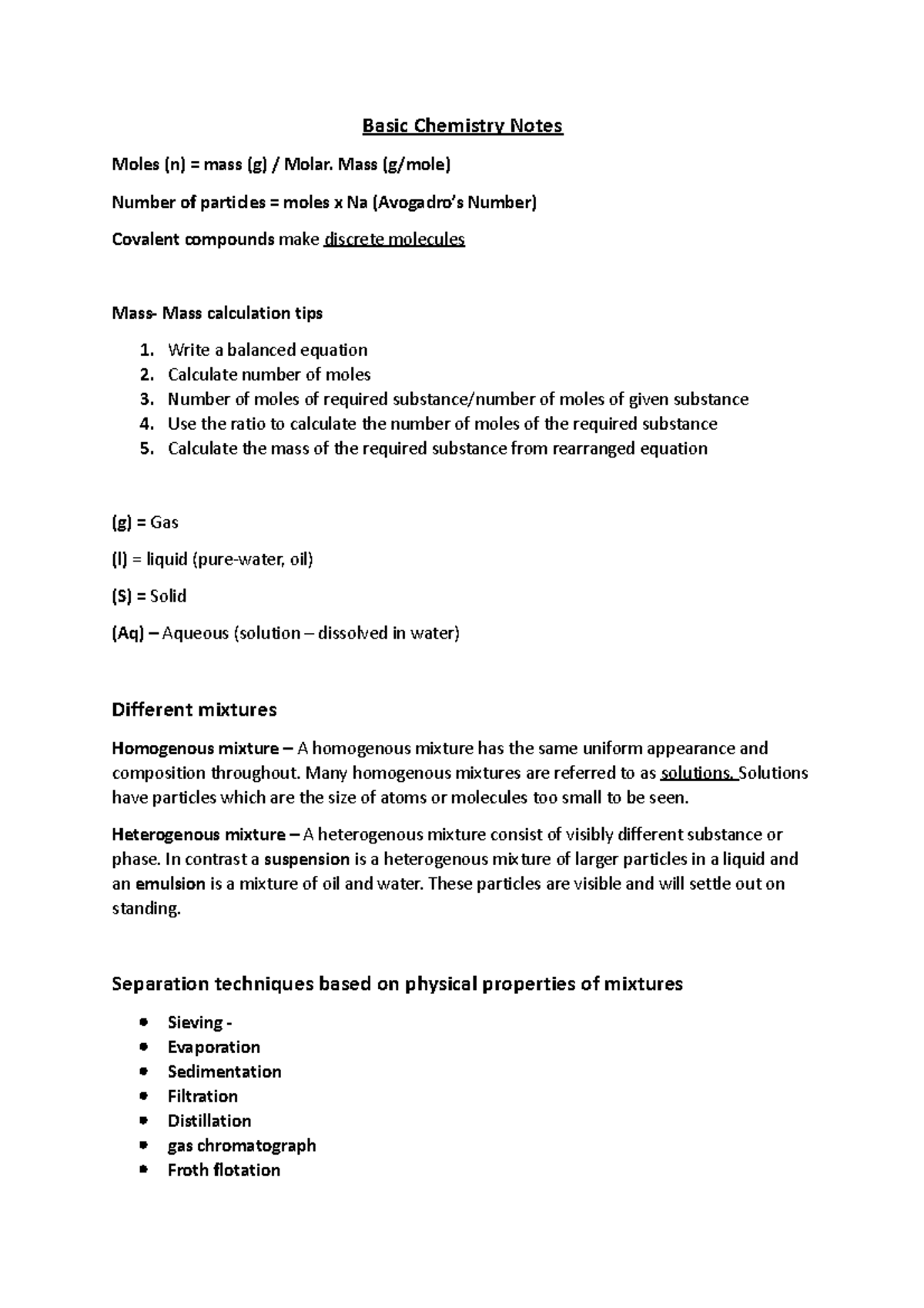Class notes in Chemistry - Basic Chemistry Notes Moles (n) = mass (g ...