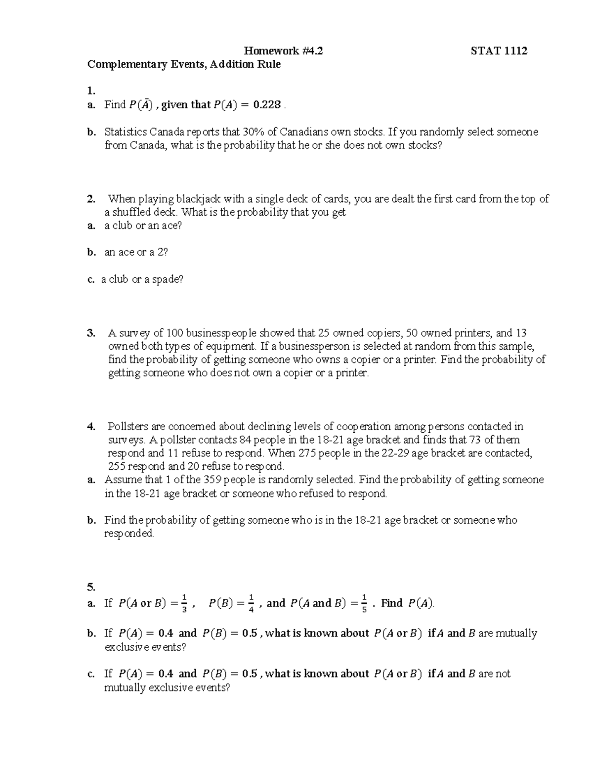 2021 HW4 - this is practice material - Homework #4 STAT 1112 Complementary Events, Addition Rule ...