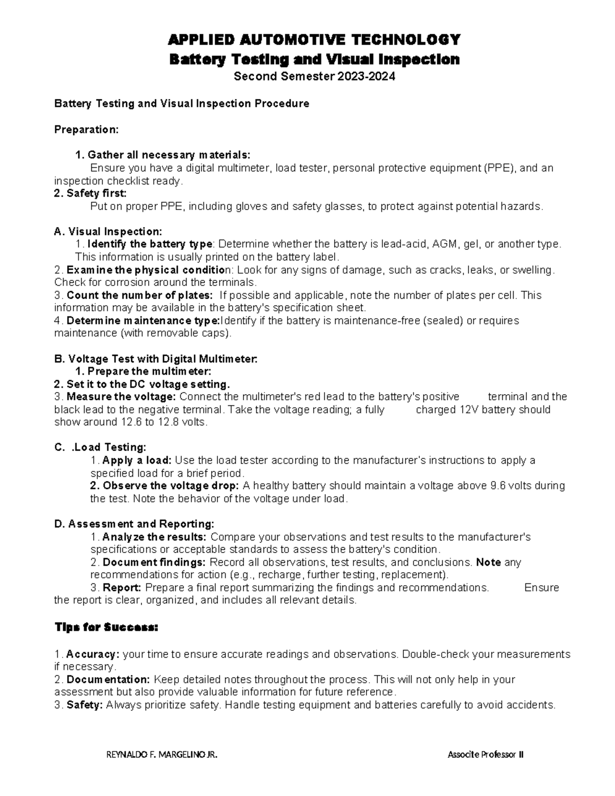 Battery Testing and Visual Inspection Procedure AND rubrics - APPLIED ...