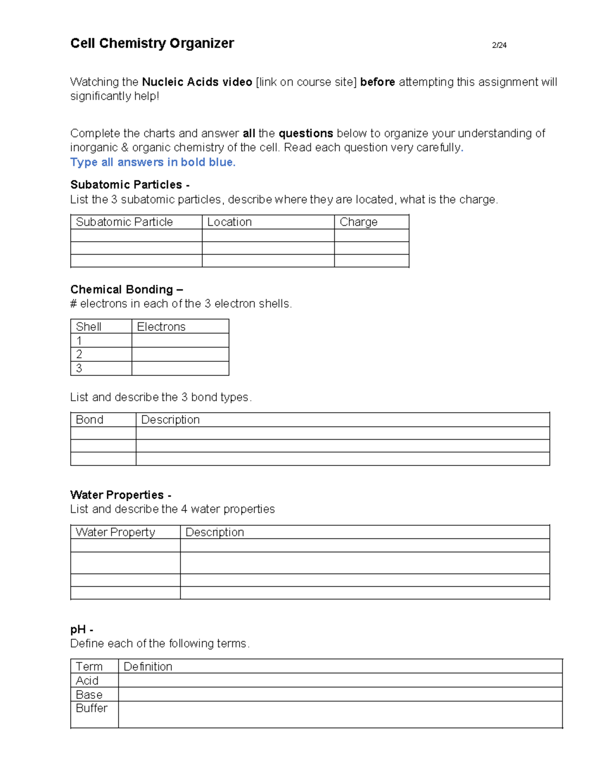 Cell Chemistry Graphic Organizer - Cell Chemistry Organizer 2/ Watching ...