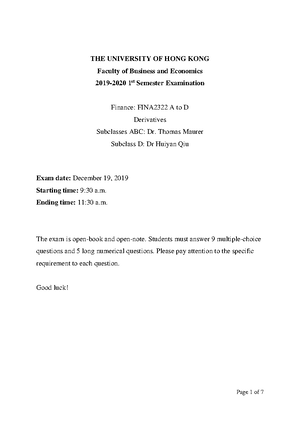 2020 Final Exam - THE UNIVERSITY OF HONG KONG HKU Business School 2020 ...
