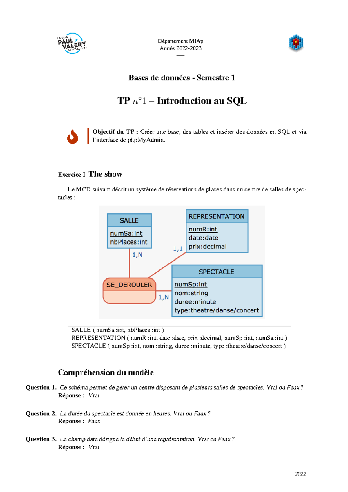 TP1 intro SQL-correction - Département MIAp Année 2022- —– Bases de données - Semestre 1 TP n 1 ...