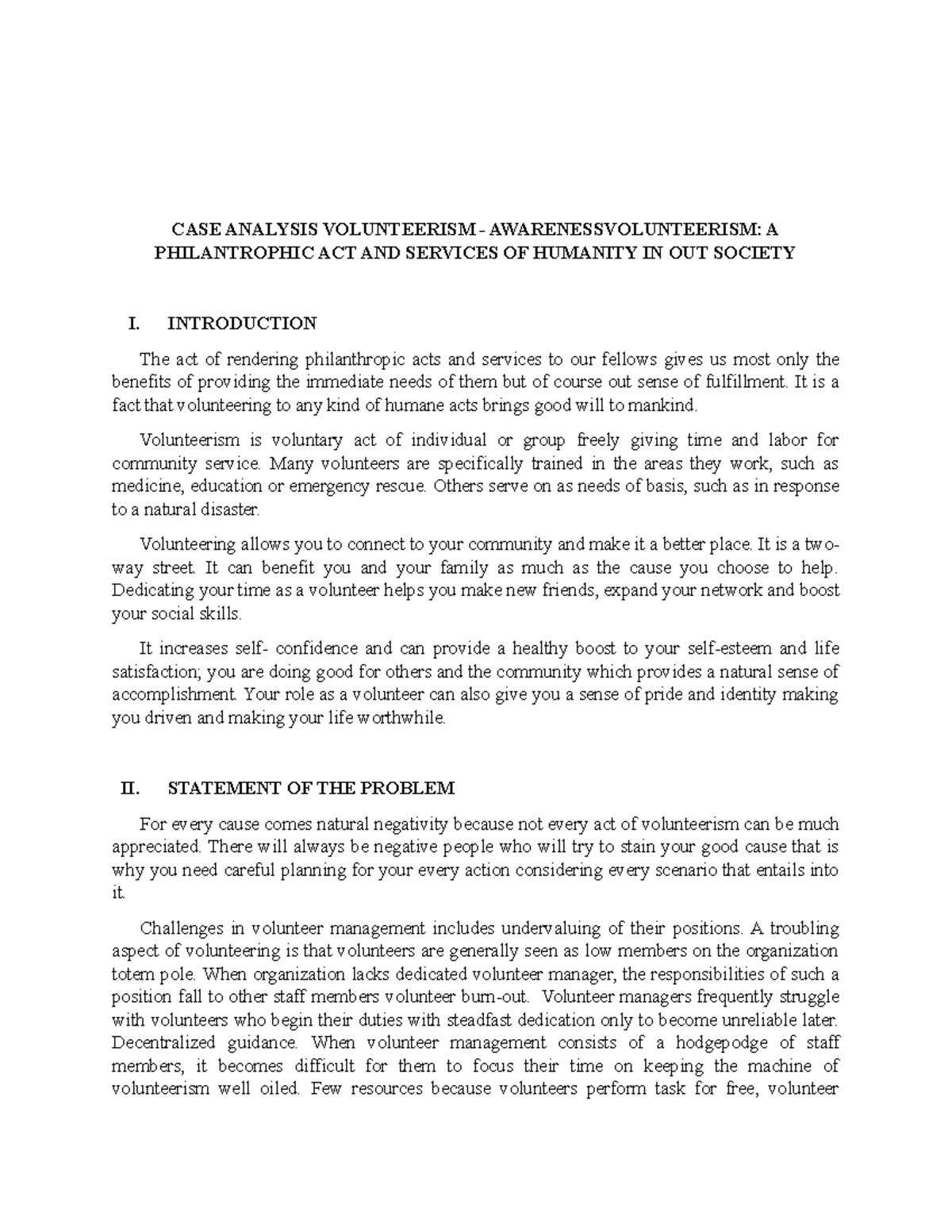 CASE Analysis Volunteerism Awareness - CASE ANALYSIS VOLUNTEERISM ...