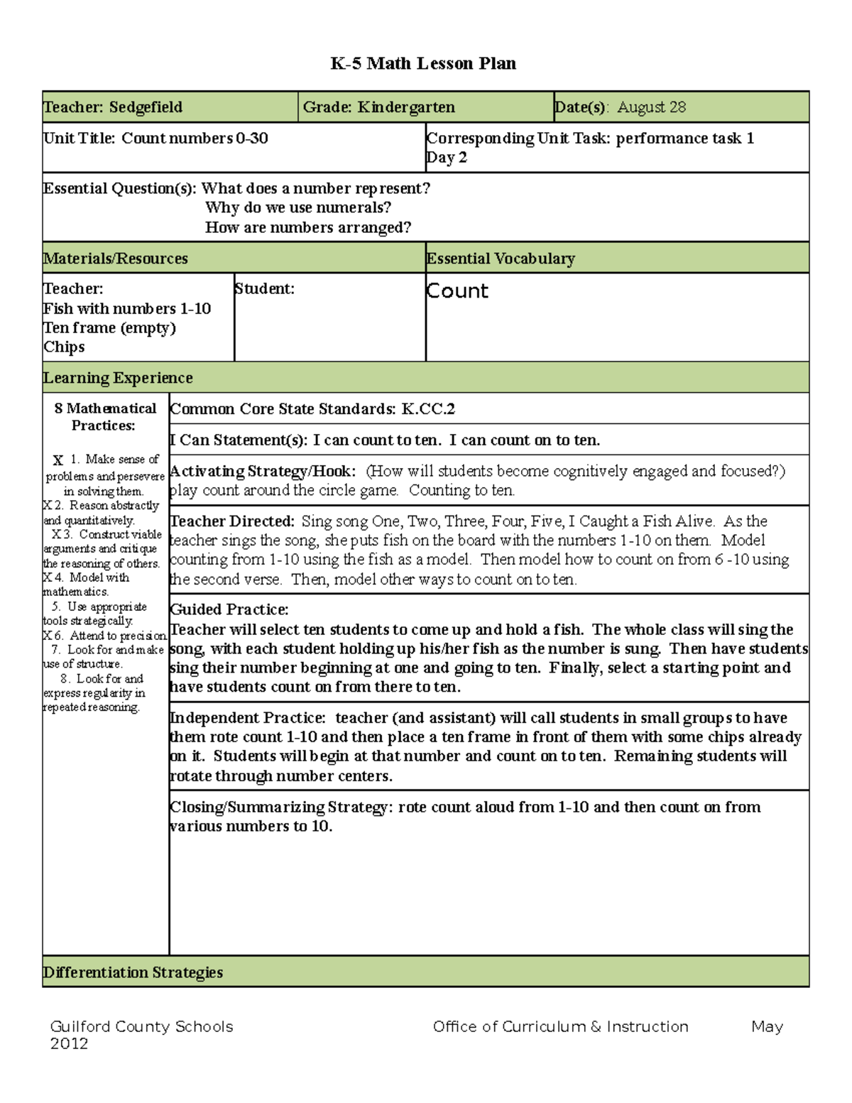 Unit 3 Lesson Plan (Homework) part 3 of 4 - K-5 Math Lesson Plan ...