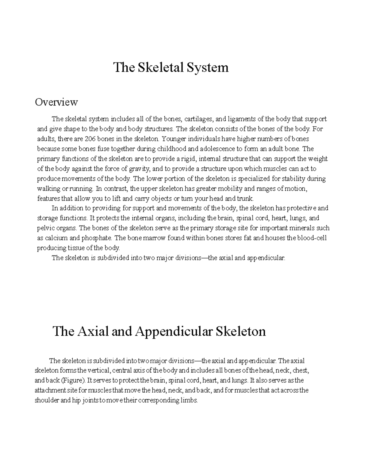 Skeletal System - Lecture notes 1-8 - The Skeletal System Overview The ...