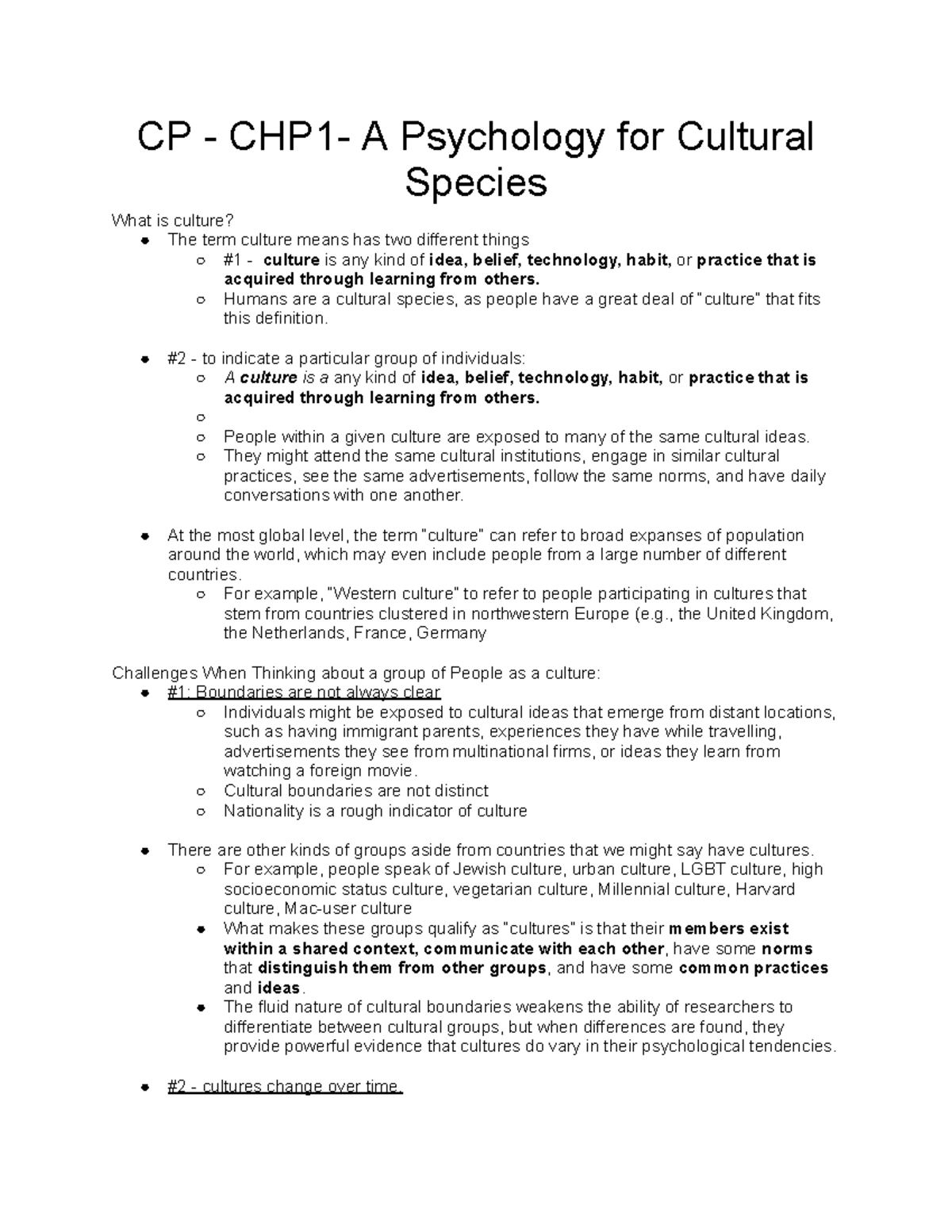 Cultural psyc chapter notes 1-5 - CP - CHP1- A Psychology for Cultural ...