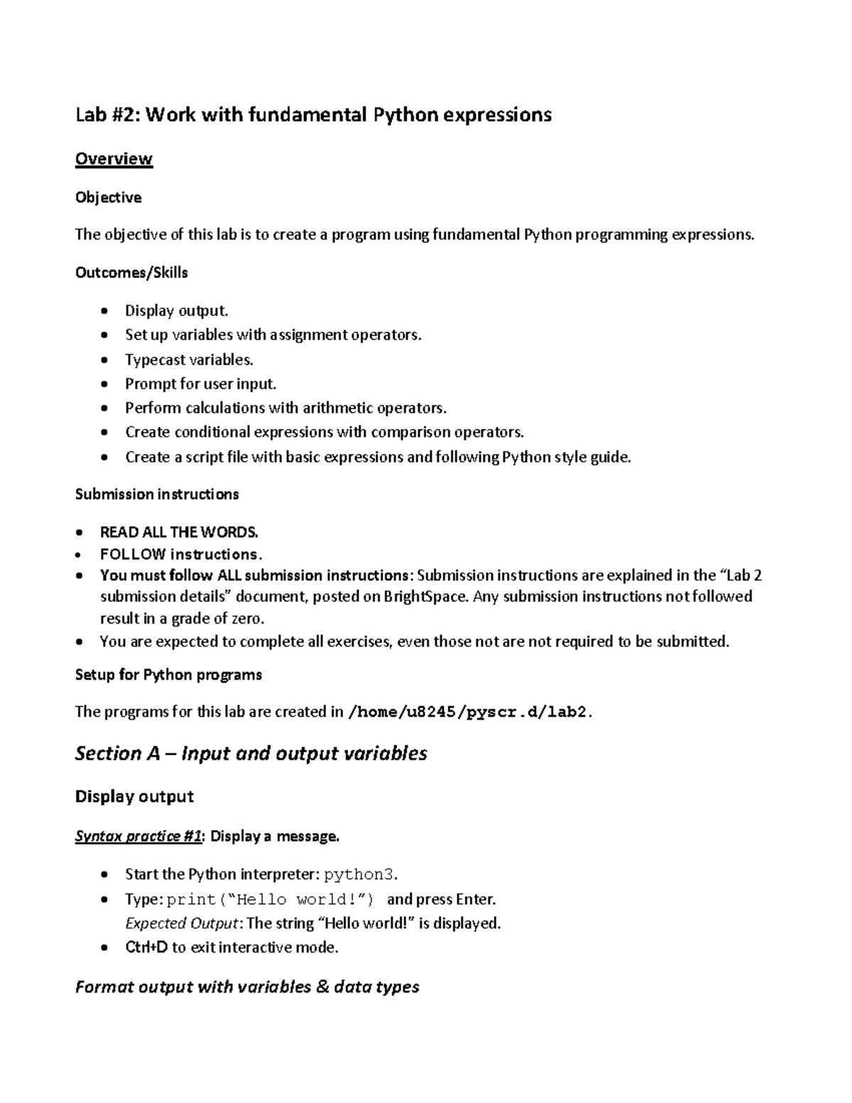 Py Lab 2 Basic Expr - Lab 2 Template - Lab #2: Work with fundamental Python expressions Overview ...