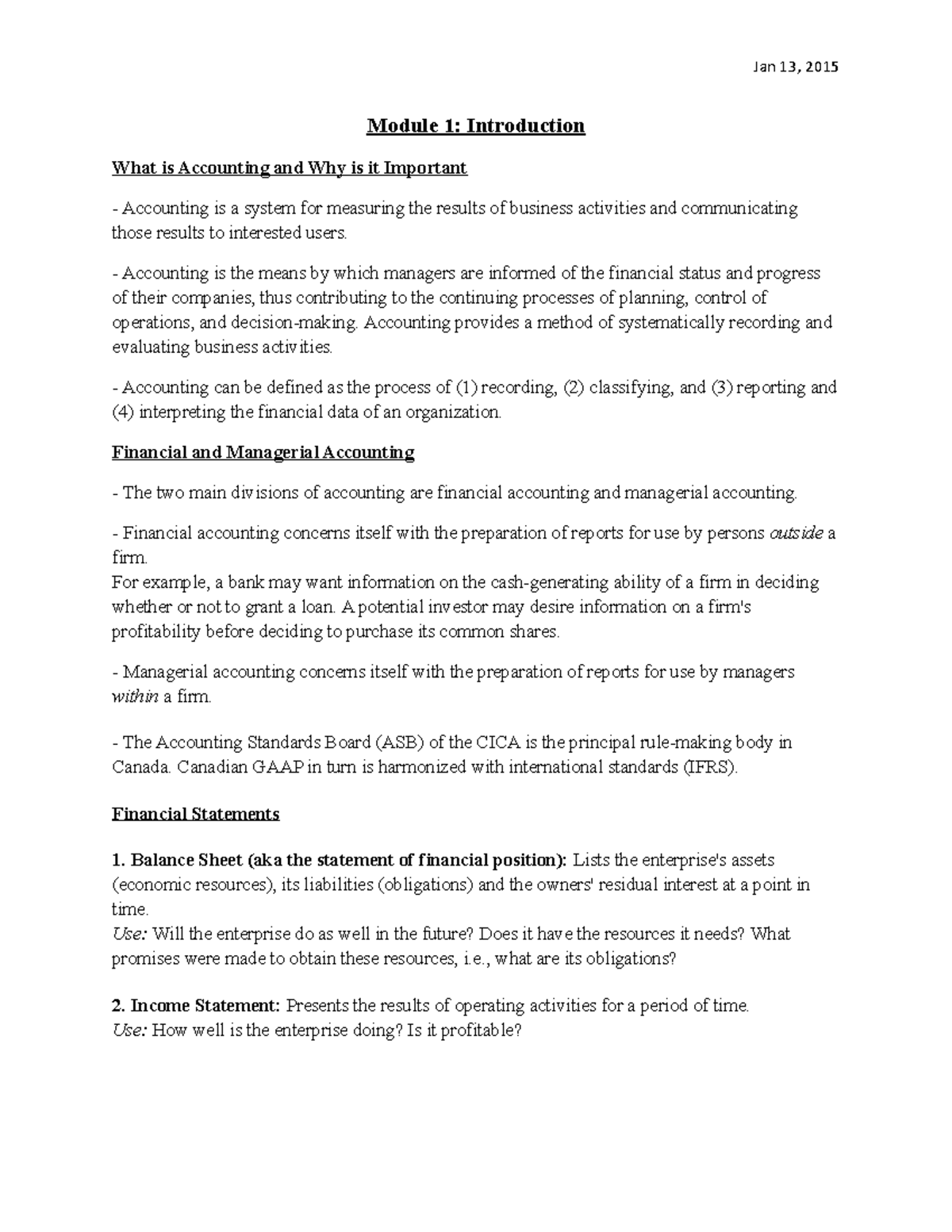 Module 1 notes - Summary Introduction to Financial Accounting - Jan 13 ...