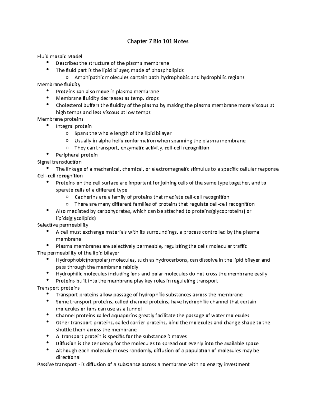Chapter 7 Bio 101 Notes - Dr Czako - Chapter 7 Bio 101 Notes Fluid ...