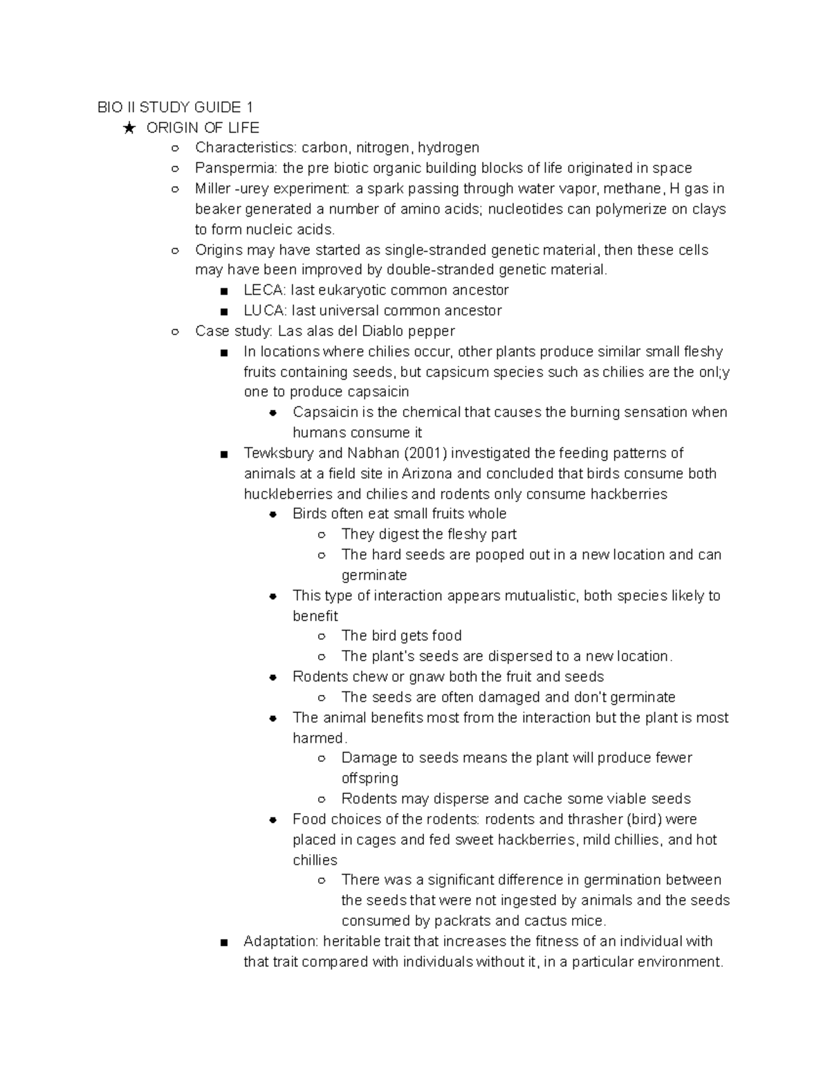 BIO II Study Guide 1 - BIO II STUDY GUIDE 1 ★ ORIGIN OF LIFE ...