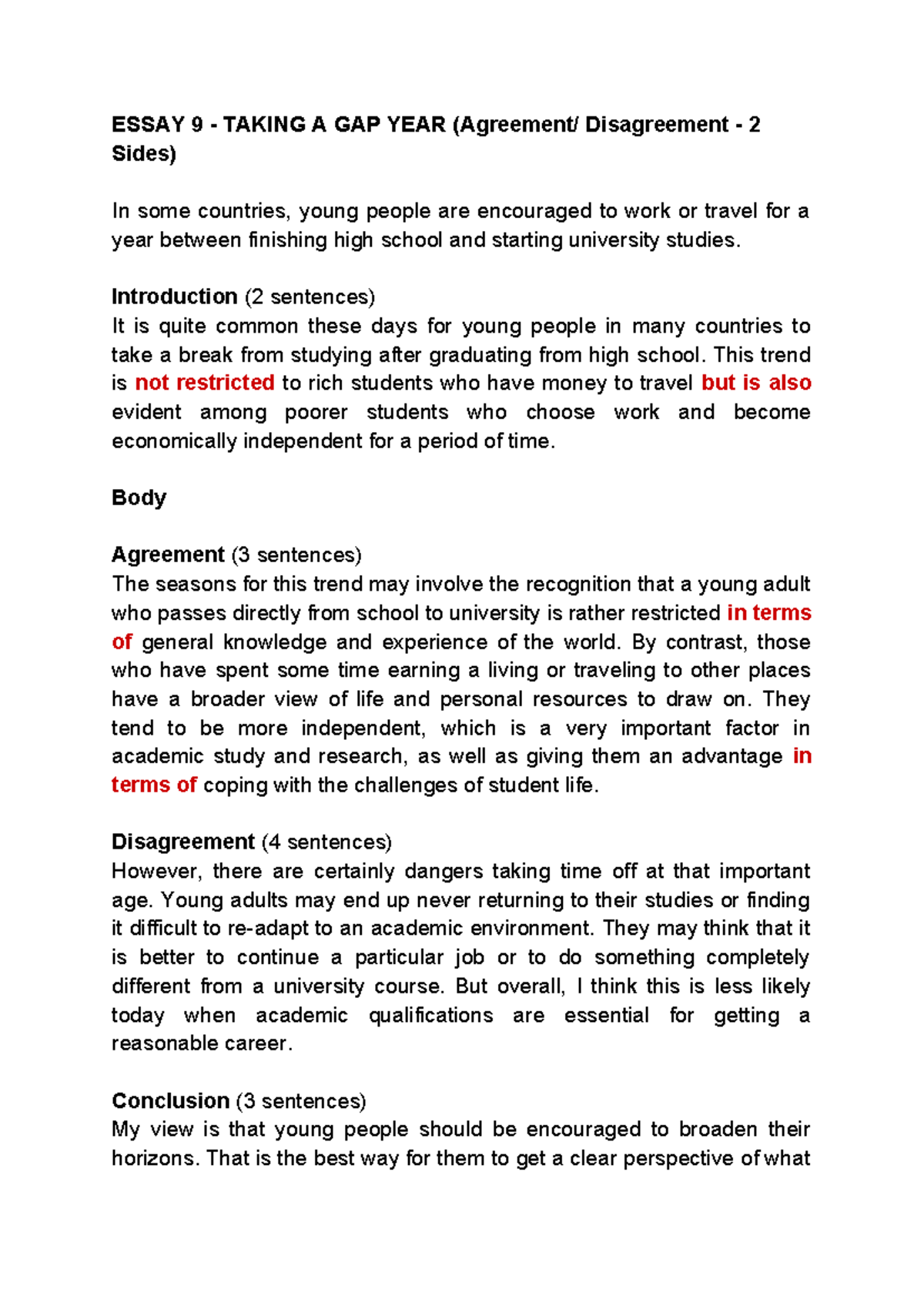 Taking a gap year - Homework - ESSAY 9 - TAKING A GAP YEAR (Agreement ...