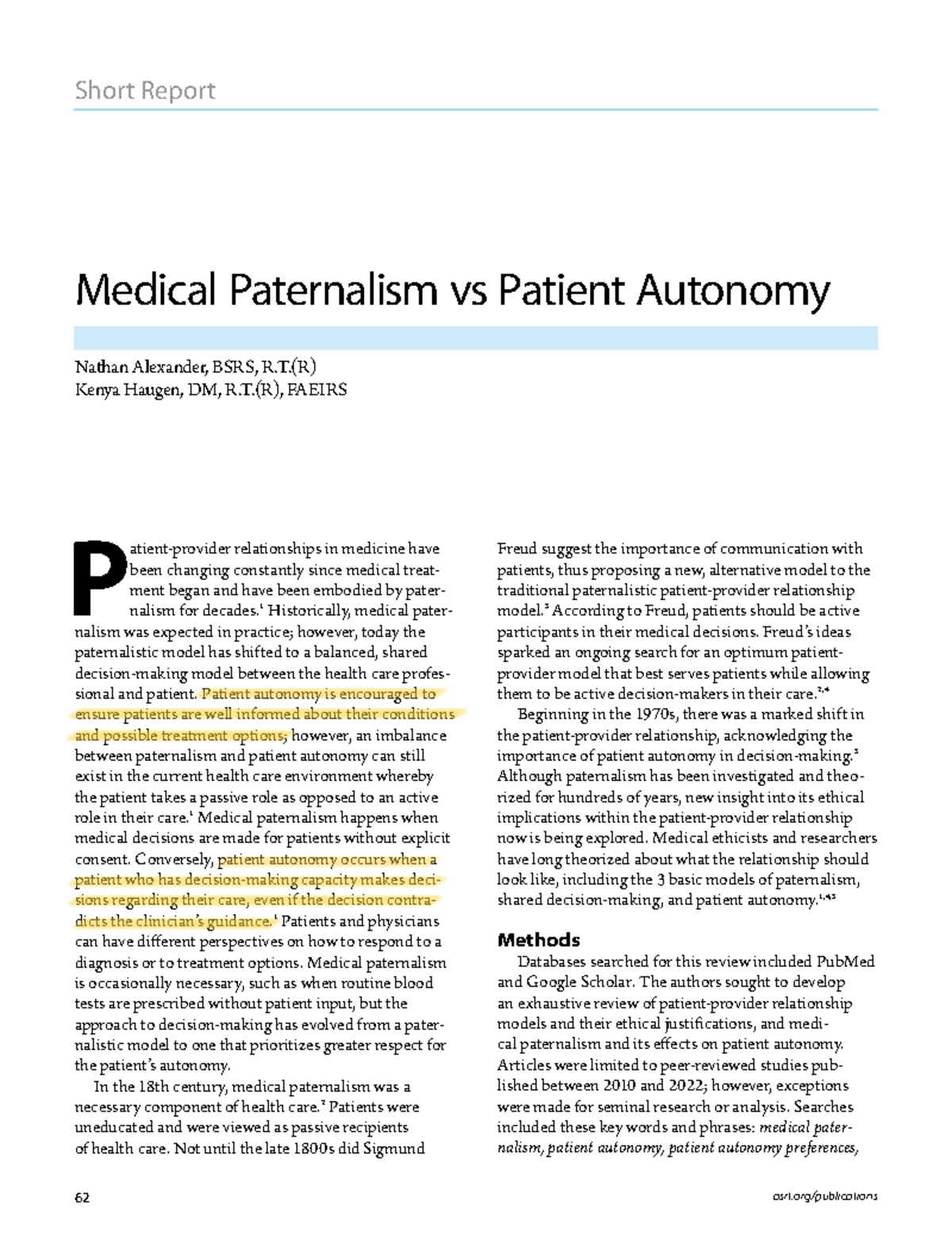 Autonomy - 62 asrt/publications Medical Paternalism vs Patient Autonomy ...