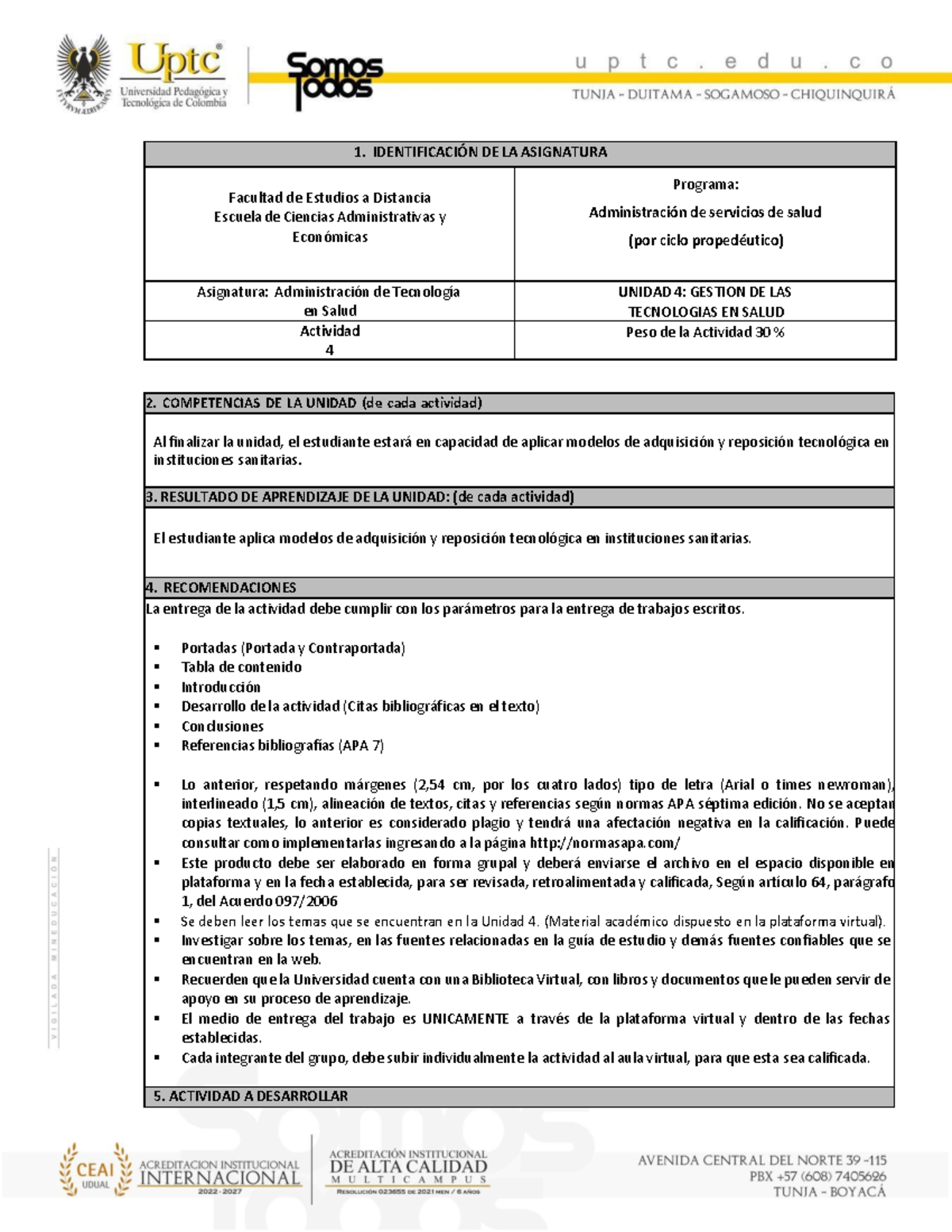 4a. actividad de aprendizaje . ADM TEC. Salud - 1. IDENTIFICACIÓN DE LA ASIGNATURA Facultad de ...