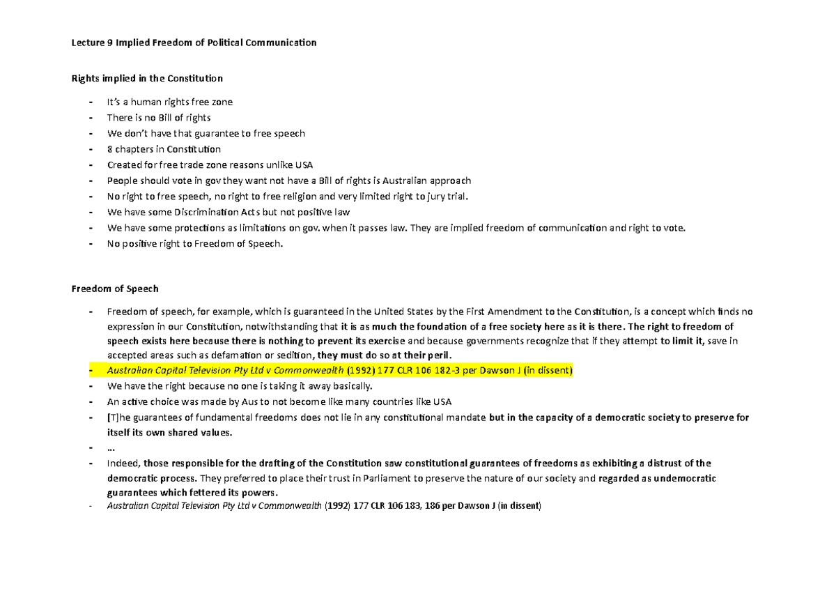 Lecture 9 - Rights implied in the Constitution It’s a human rights free ...