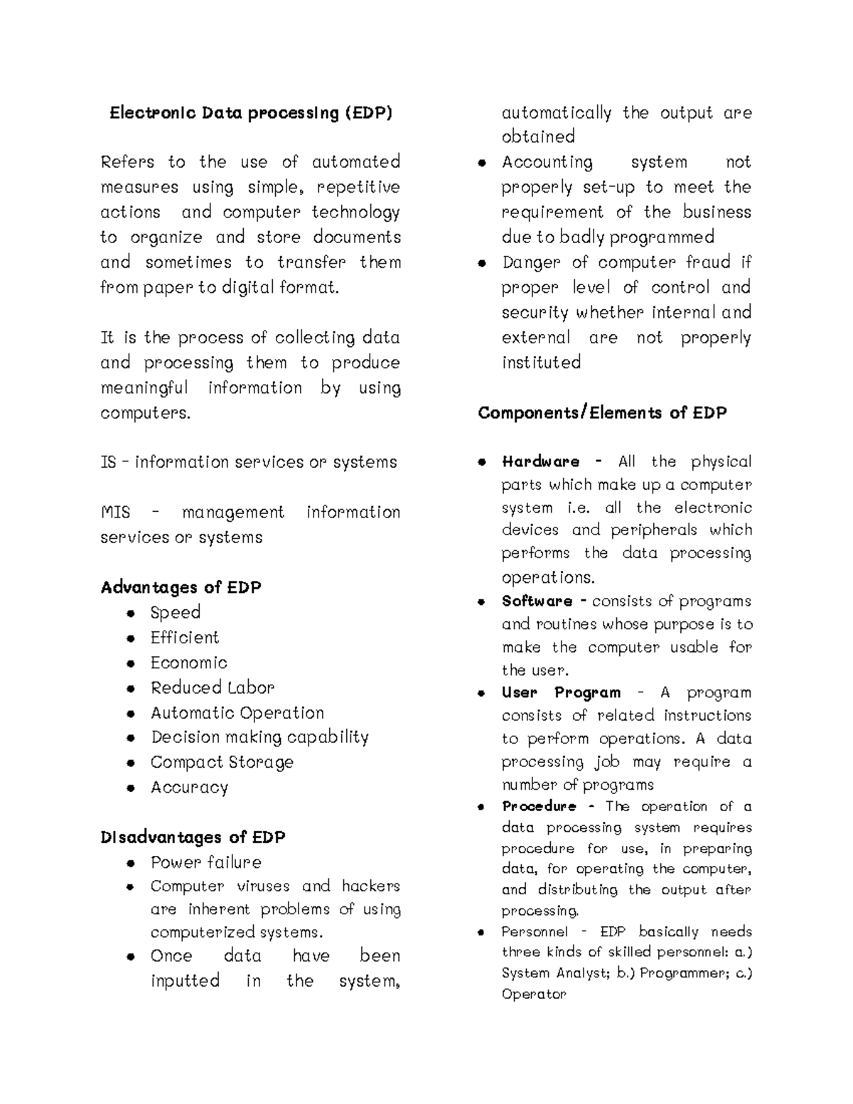 Reviewer Funda Lec - Lecture notes 3 - Electronic Data processing (EDP ...