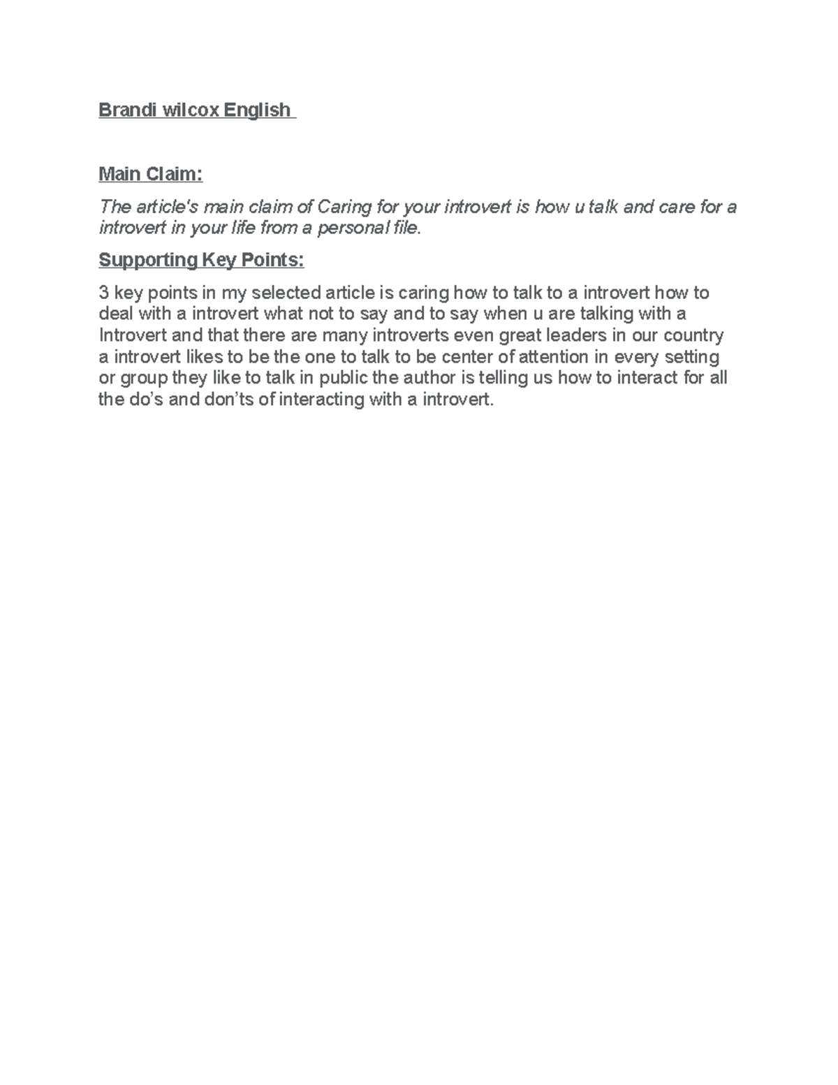 English theis - Brandi wilcox English Main Claim: The article's main ...