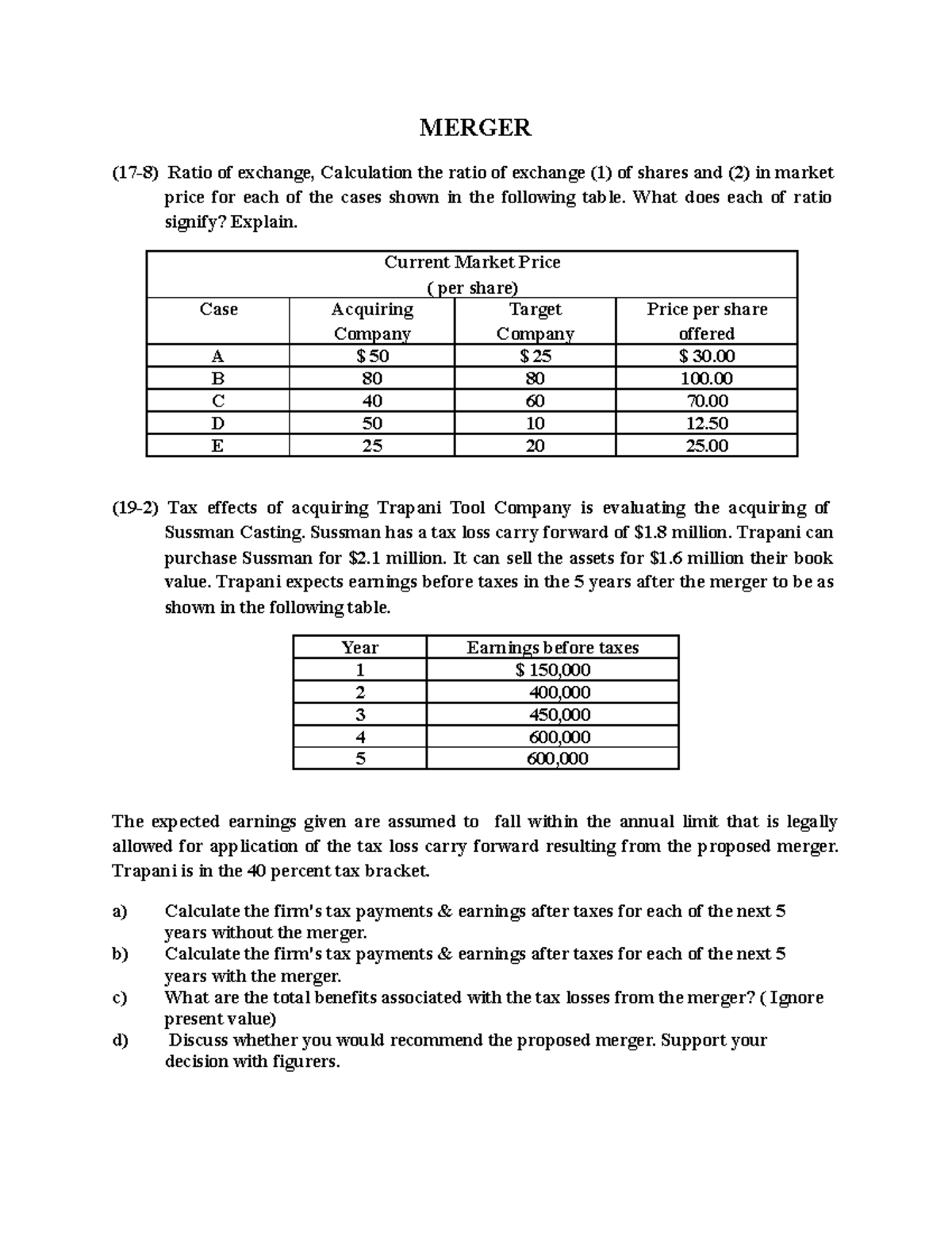 Merger MATH - Finance - MERGER (17-8) Ratio of exchange, Calculation ...