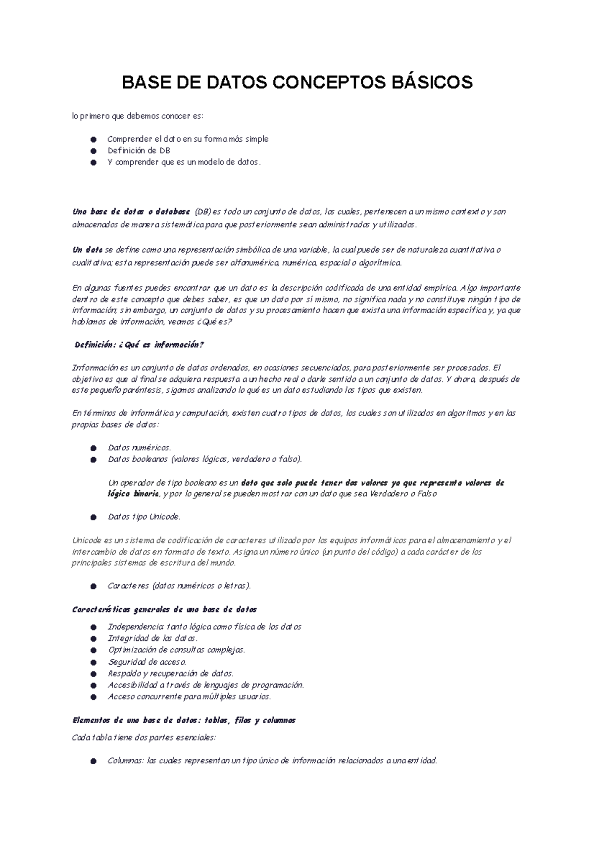 BASE DE Datos Conceptos Básicos - BASE DE DATOS CONCEPTOS BÁSICOS lo primero que debemos conocer ...