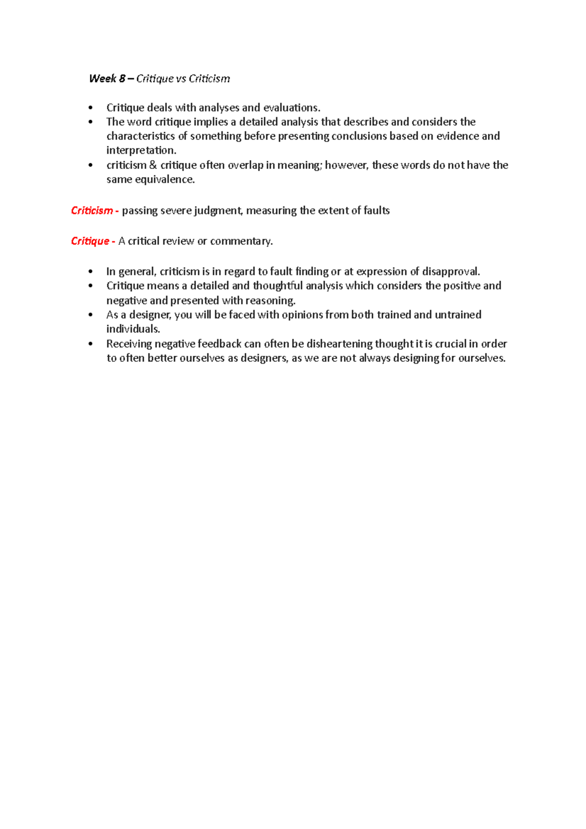 Lecture 8 - Critique vs Criticism - Week 8 – Critique vs Criticism ...