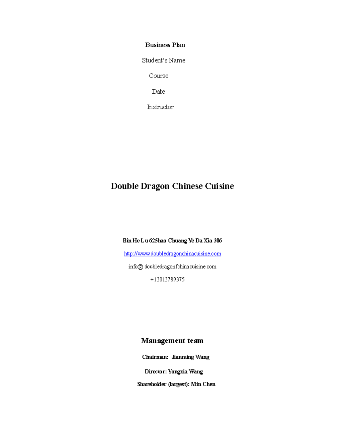 Business plan (With References) - Business Plan Student’s Name Course ...