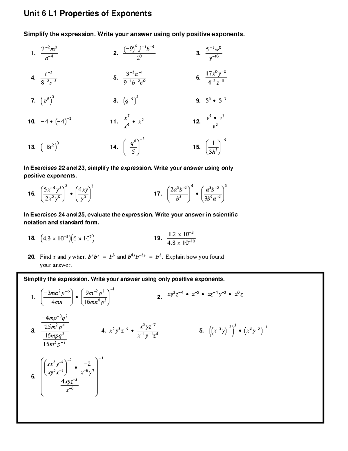 Math hw 1-10 - 1-10 Hard Math problems for Algebra - Unit 6 L1 ...