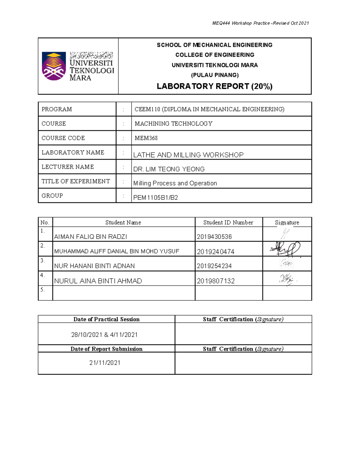 ( Example) LAB Report Milling MEM368 - MEQ444 Workshop Practice ...