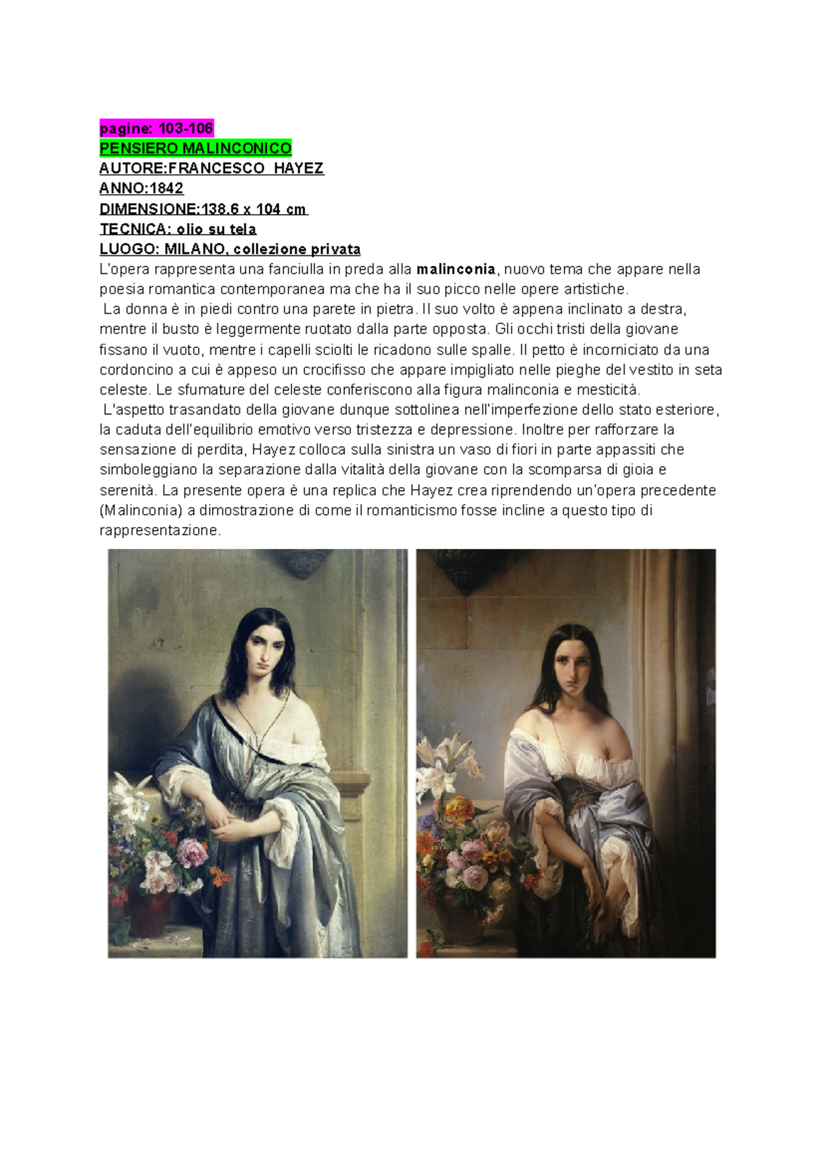 ARTE - arte - pagine: 103- PENSIERO MALINCONICO AUTORE:FRANCESCO HAYEZ ANNO: DIMENSIONE:138 x ...