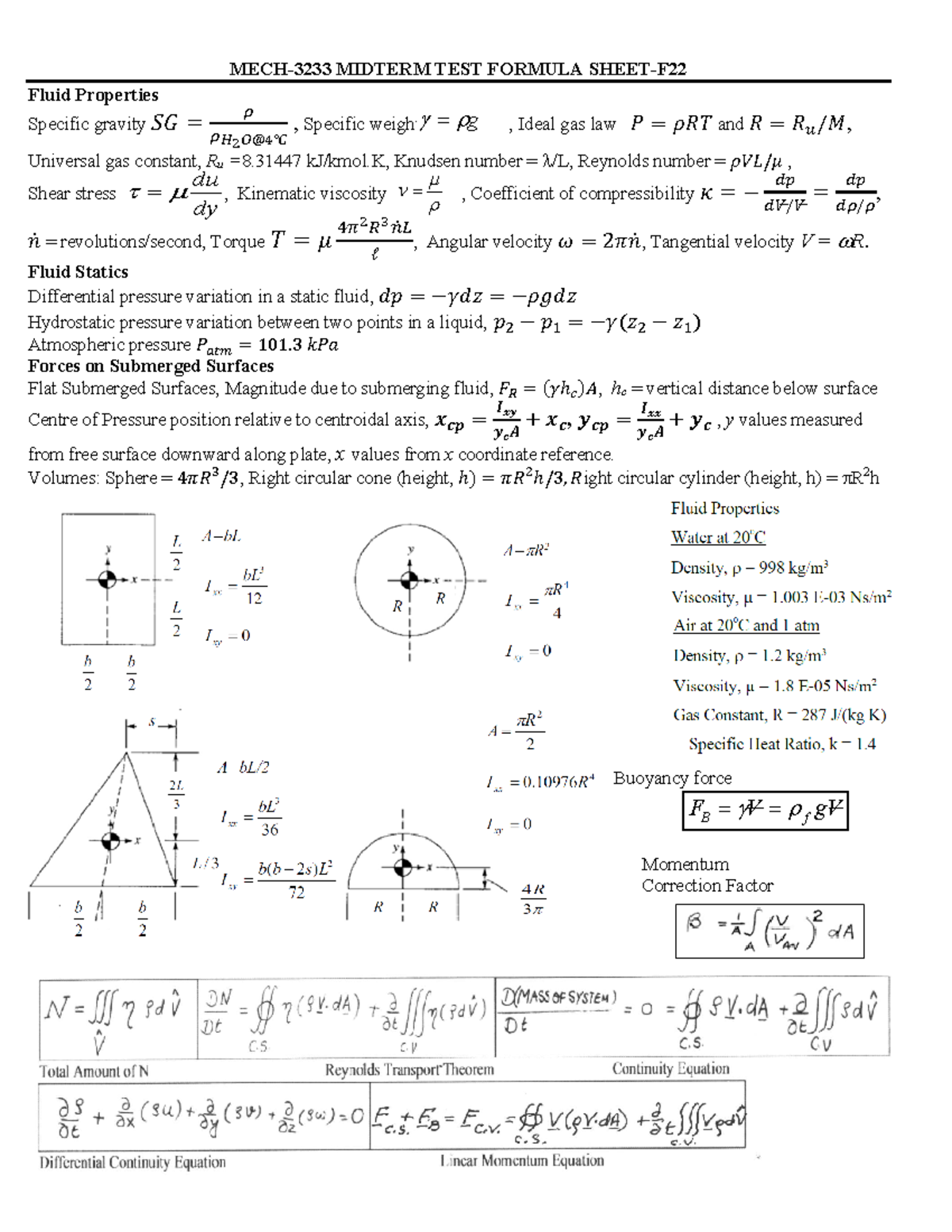 Formula sheet-MECH-3233-F22-midterm - MECH-3233 MIDTERM TEST FORMULA ...