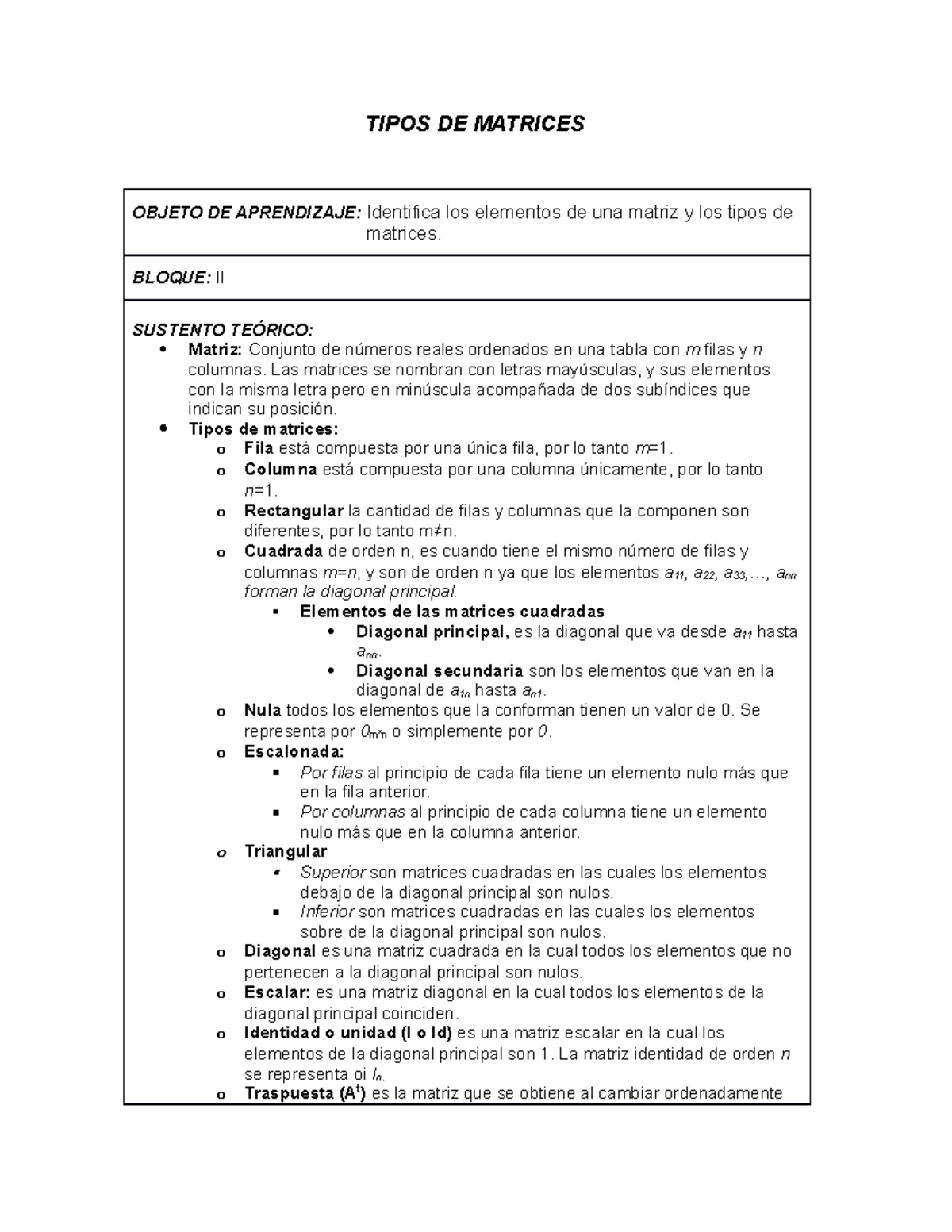 Tipos-de-matrices - Resumen Cálculo - TIPOS DE MATRICES OBJETO DE ...