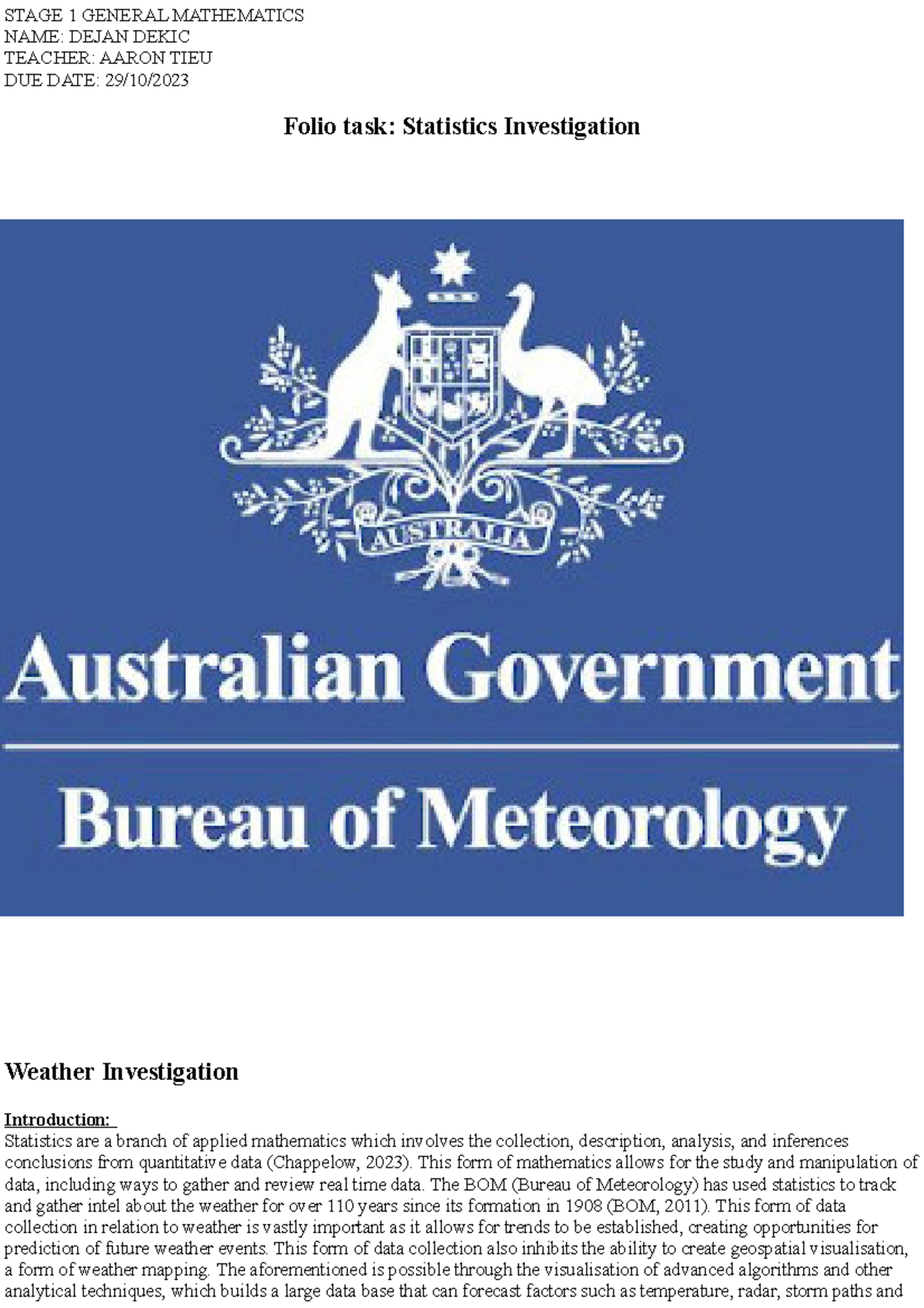 General math weather - STAGE 1 GENERAL MATHEMATICS NAME: DEJAN DEKIC ...