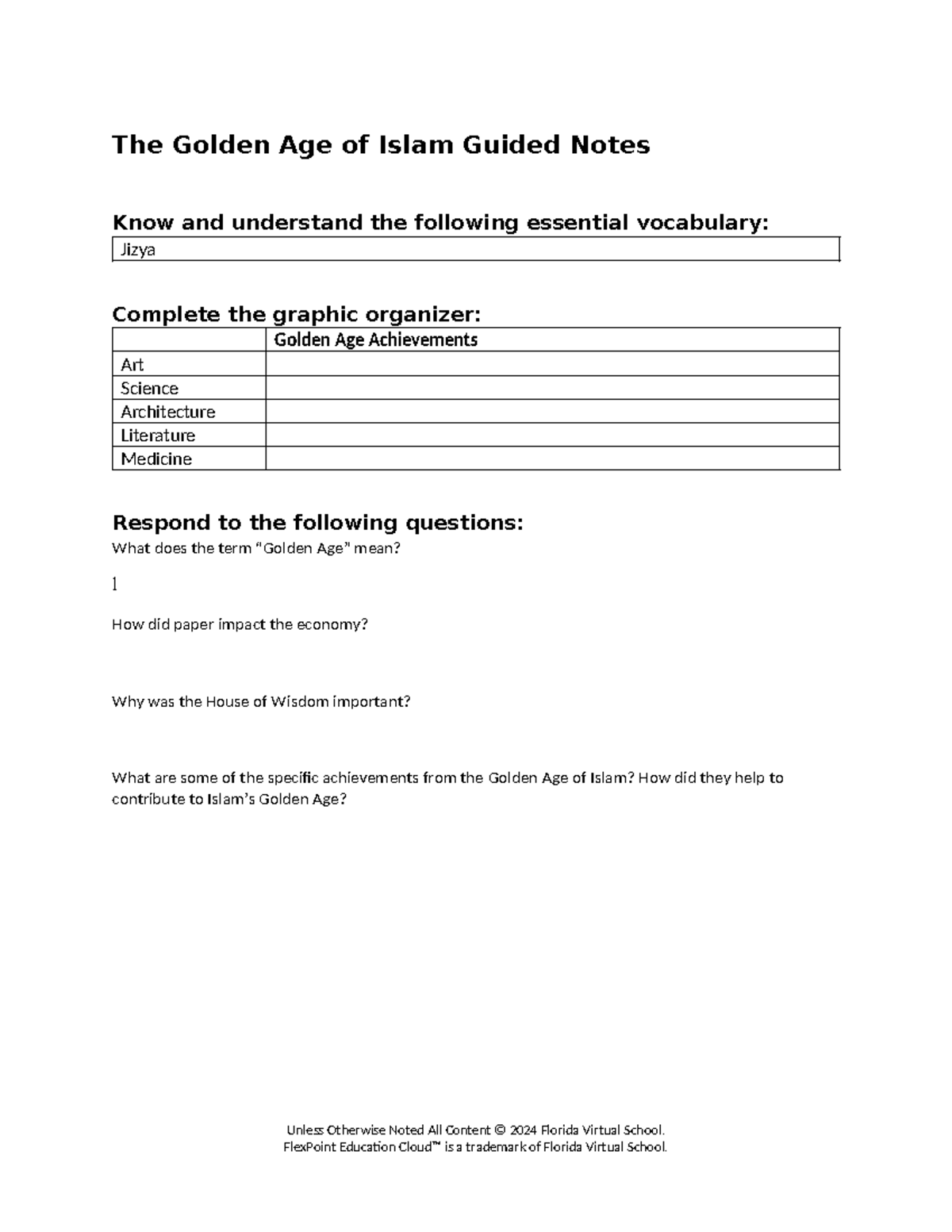 Golden age guided notes - The Golden Age of Islam Guided Notes Know and ...