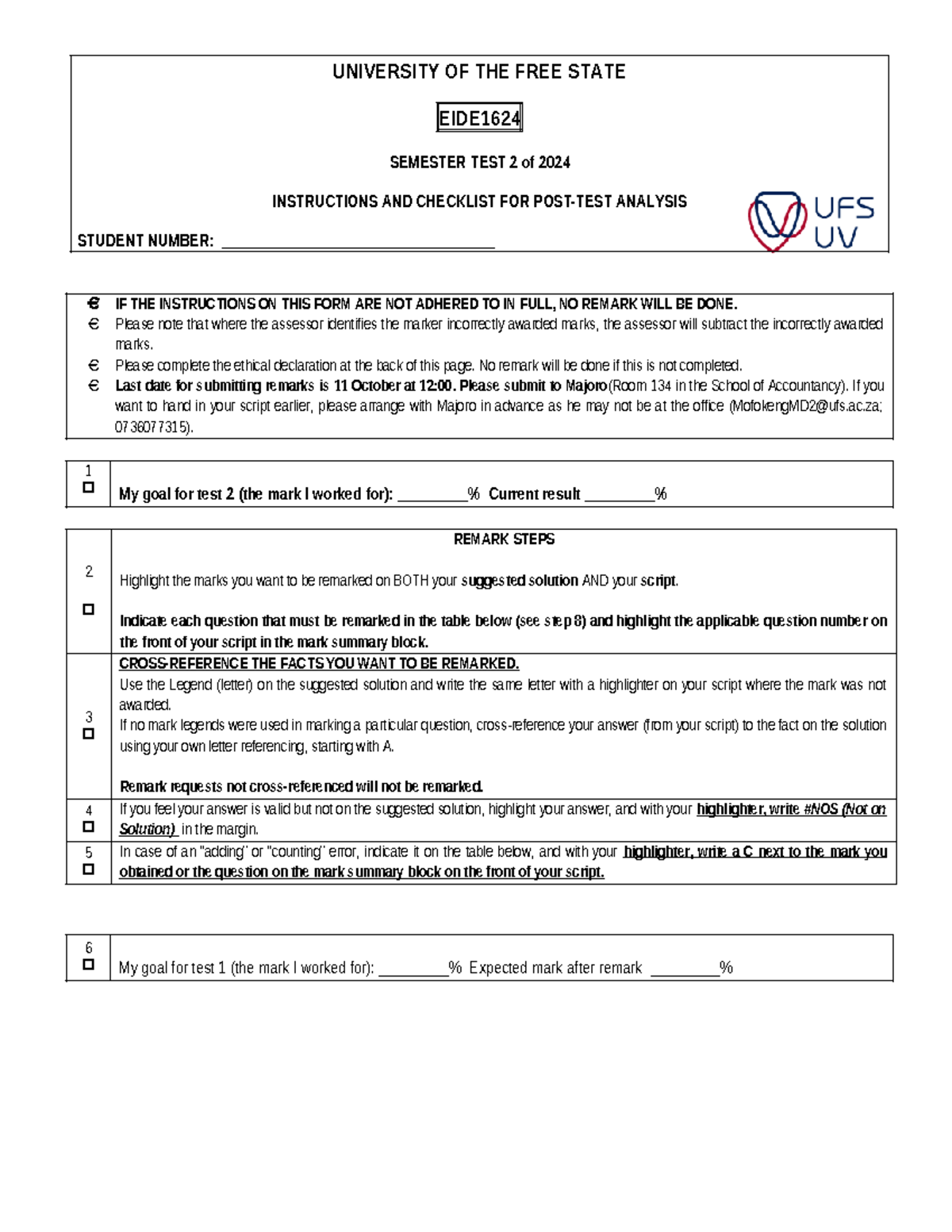 Remark form Test 2 ethical declaration - UNIVERSITY OF THE FREE STATE ...