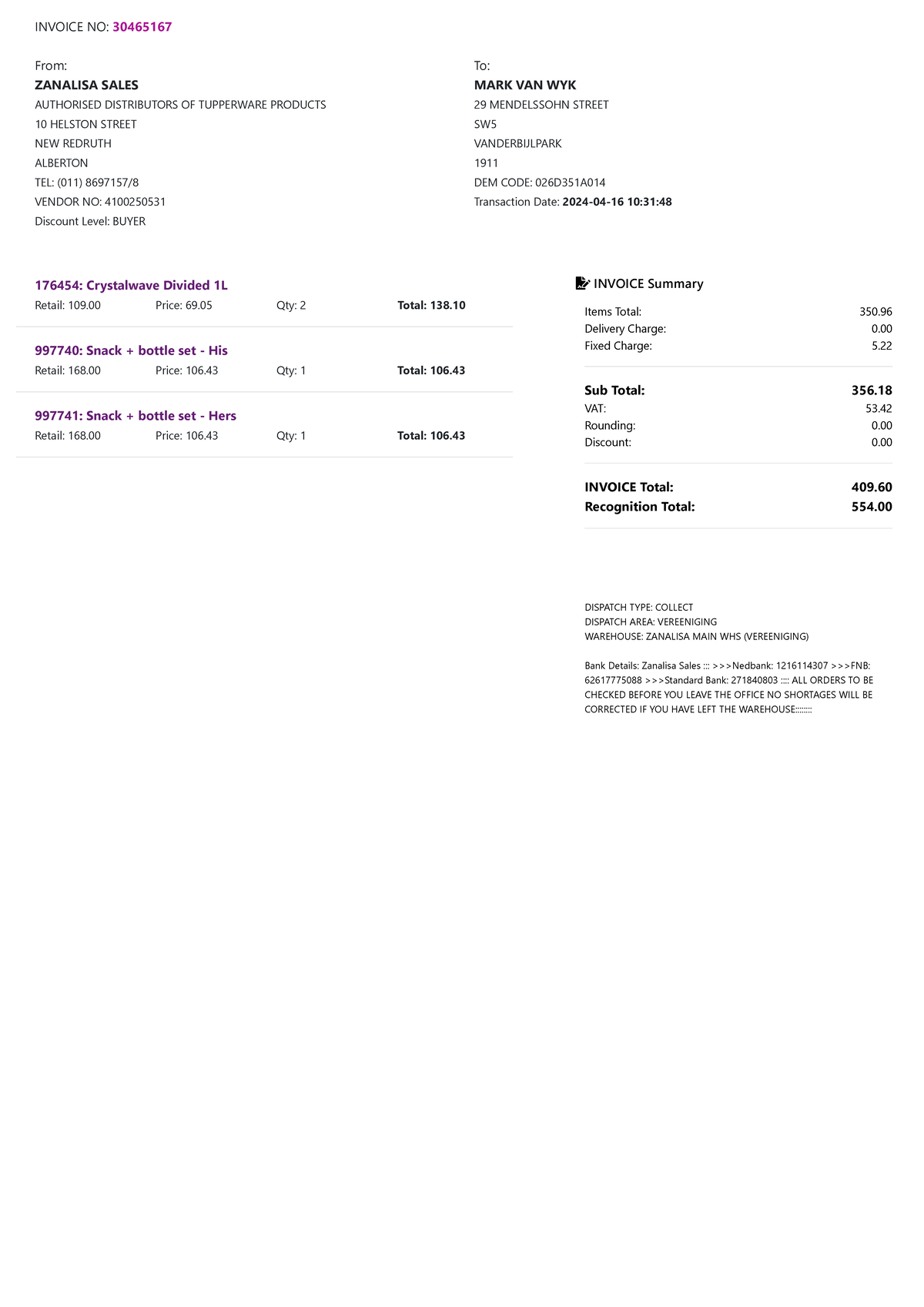 Srcdoc 16 apr - INVOICE NO: 30465167 From: ZANALISA SALES AUTHORISED ...