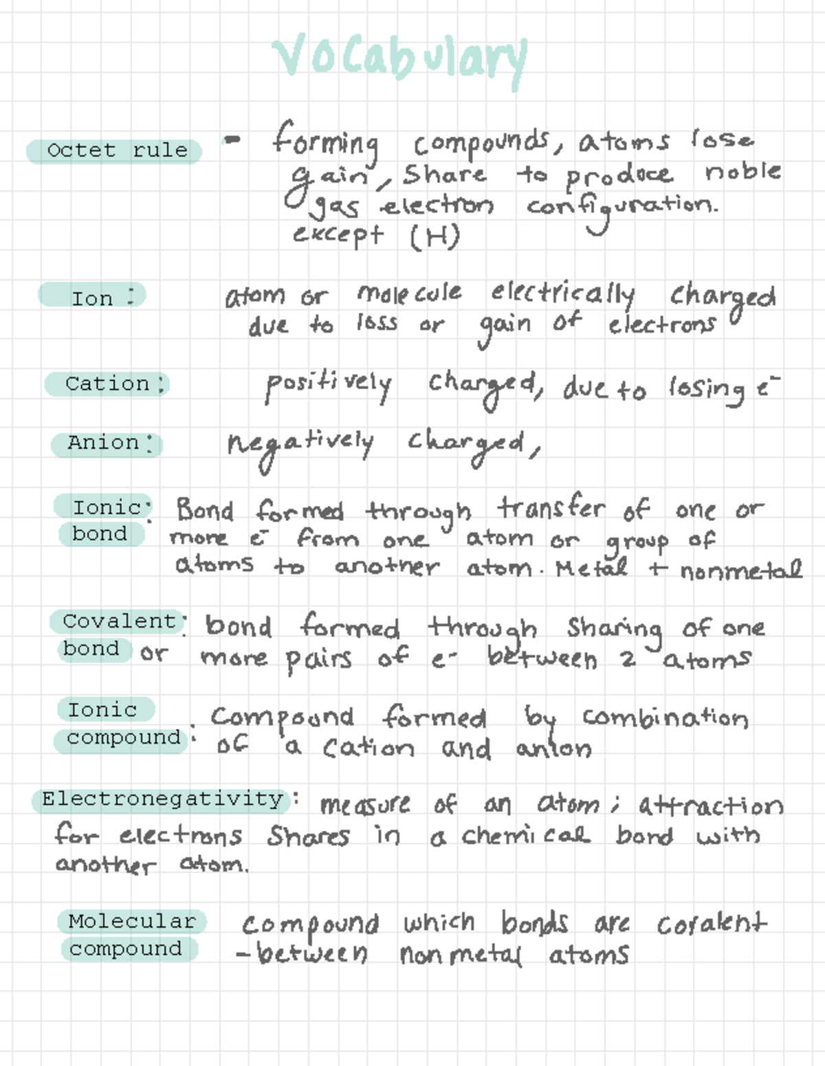 Chemistry notebook - exam 2 - Octet rule Ion Cation Anion Ionic bond ...