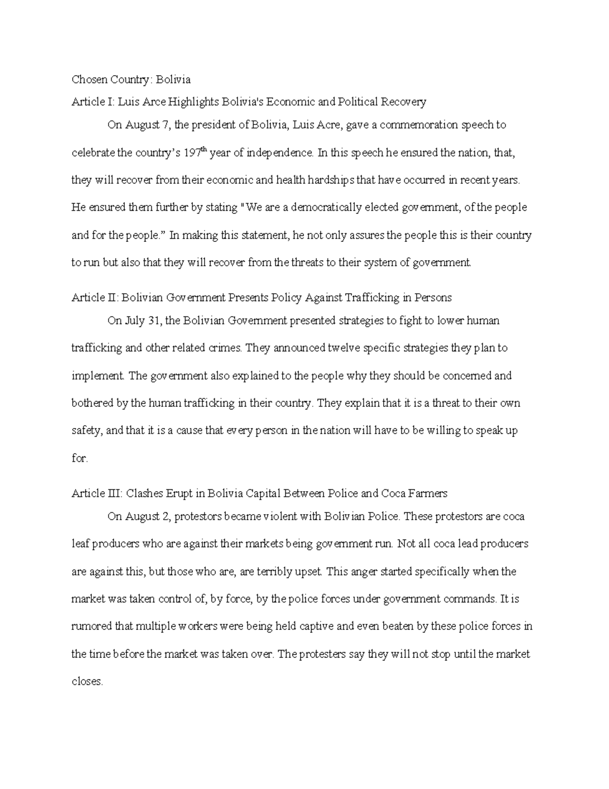 4.05 Comparing Government - Chosen Country: Bolivia Article I: Luis ...