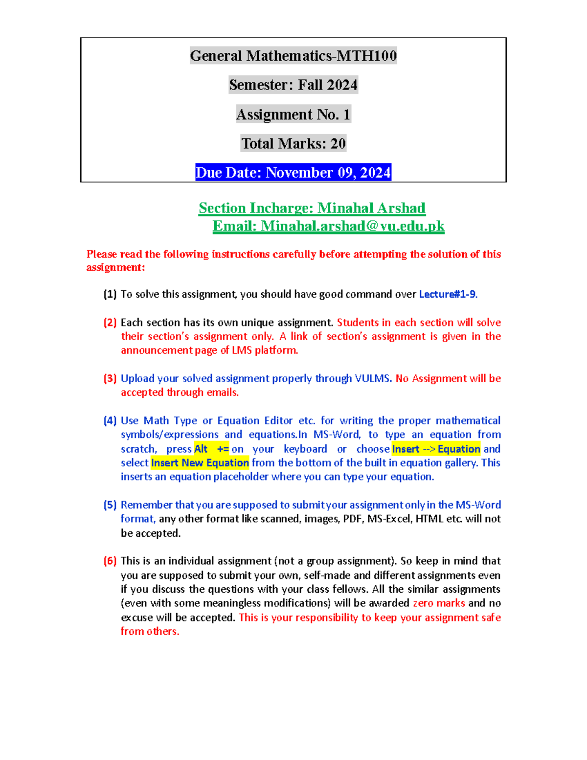 Assignment 1 Fall 2024 MTH100 (Minahal Arshad) - General Mathematics-MTH Semester: Fall 2024 ...