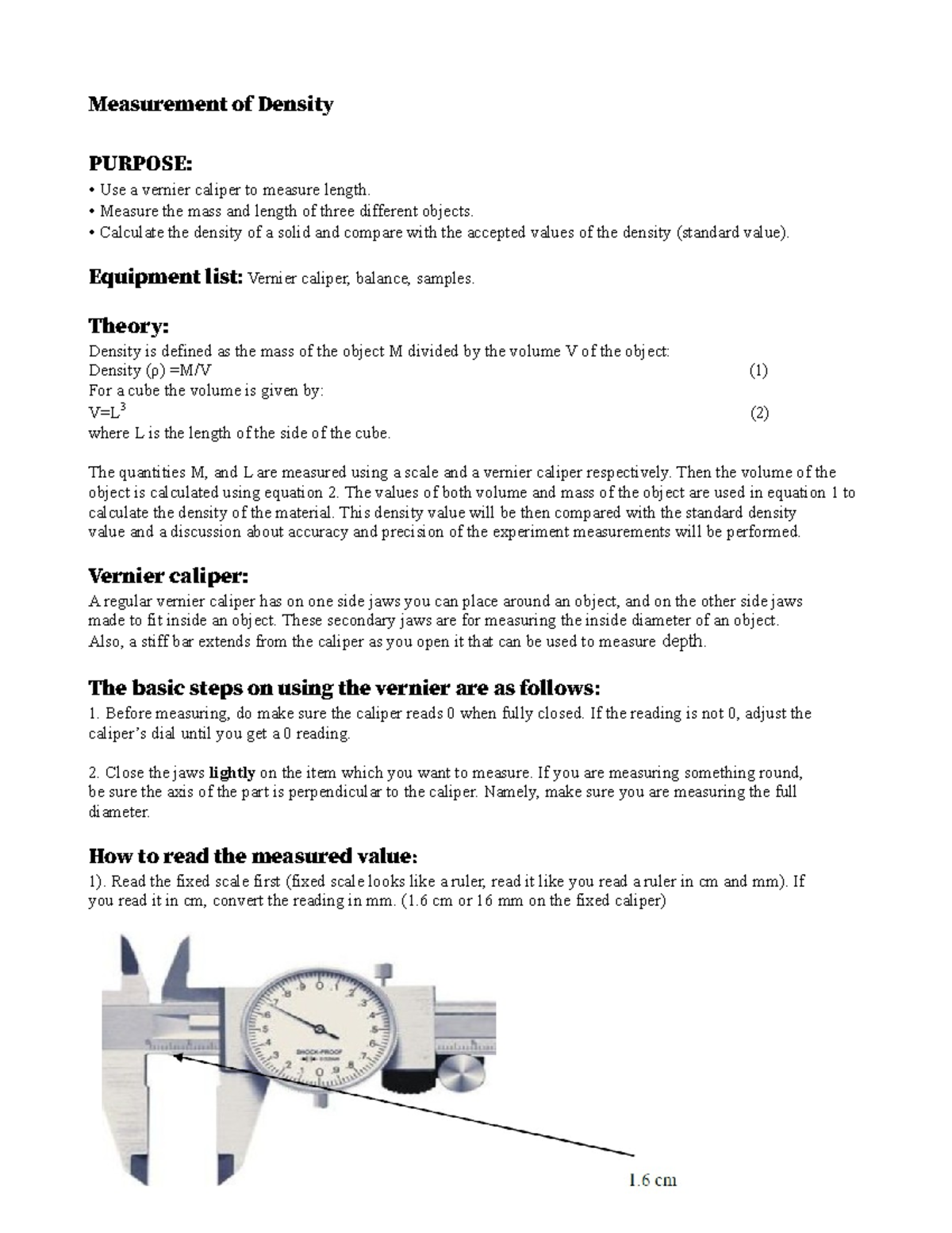 Lab 3 Density manual - N/A - Measurement of Density PURPOSE: Use a ...