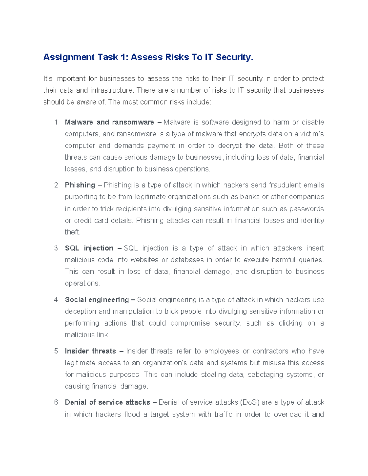 TASK 01 - Security - Assignment Task 1: Assess Risks To IT Security. It ...