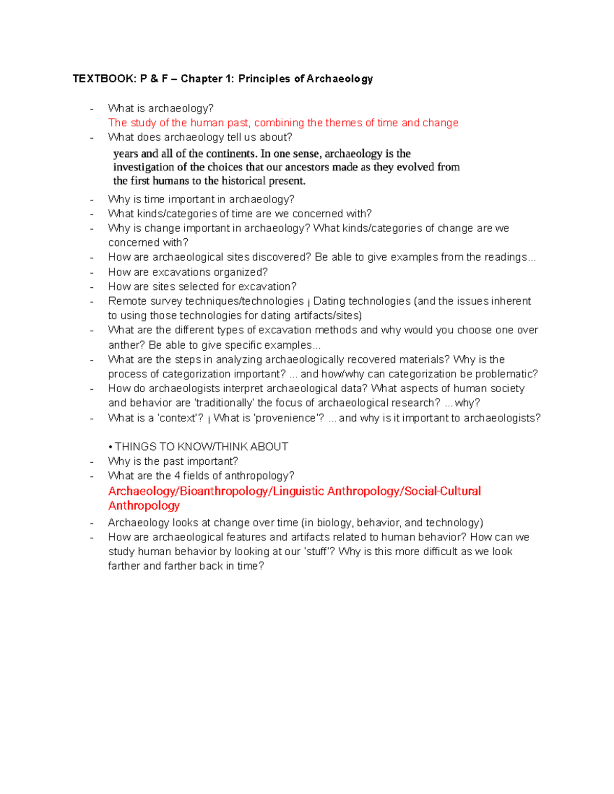 ANTH 202 notes - TEXTBOOK: P & F – Chapter 1: Principles of Archaeology ...