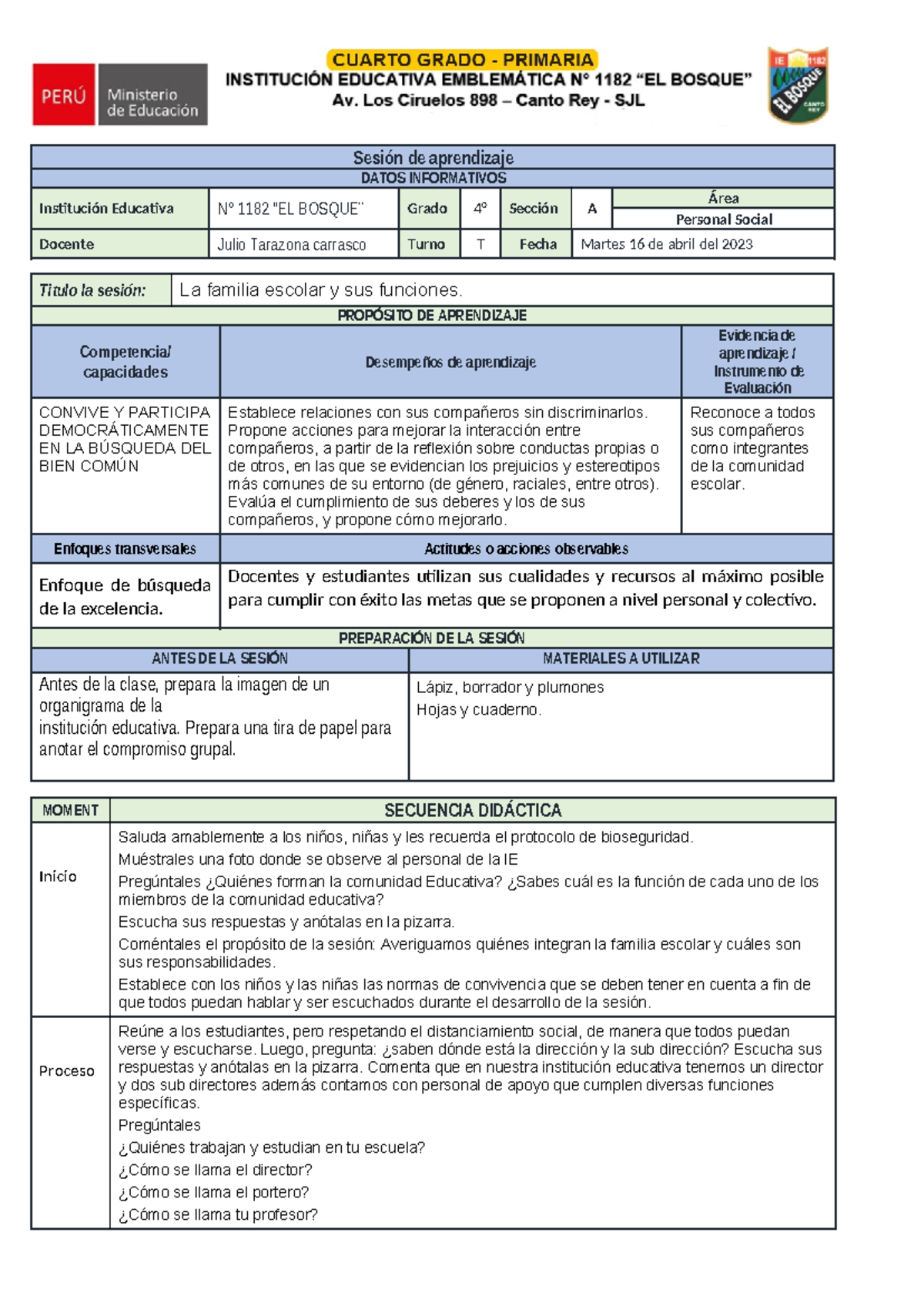Sesion PS Familia escolar funciones - Sesión de aprendizaje DATOS ...